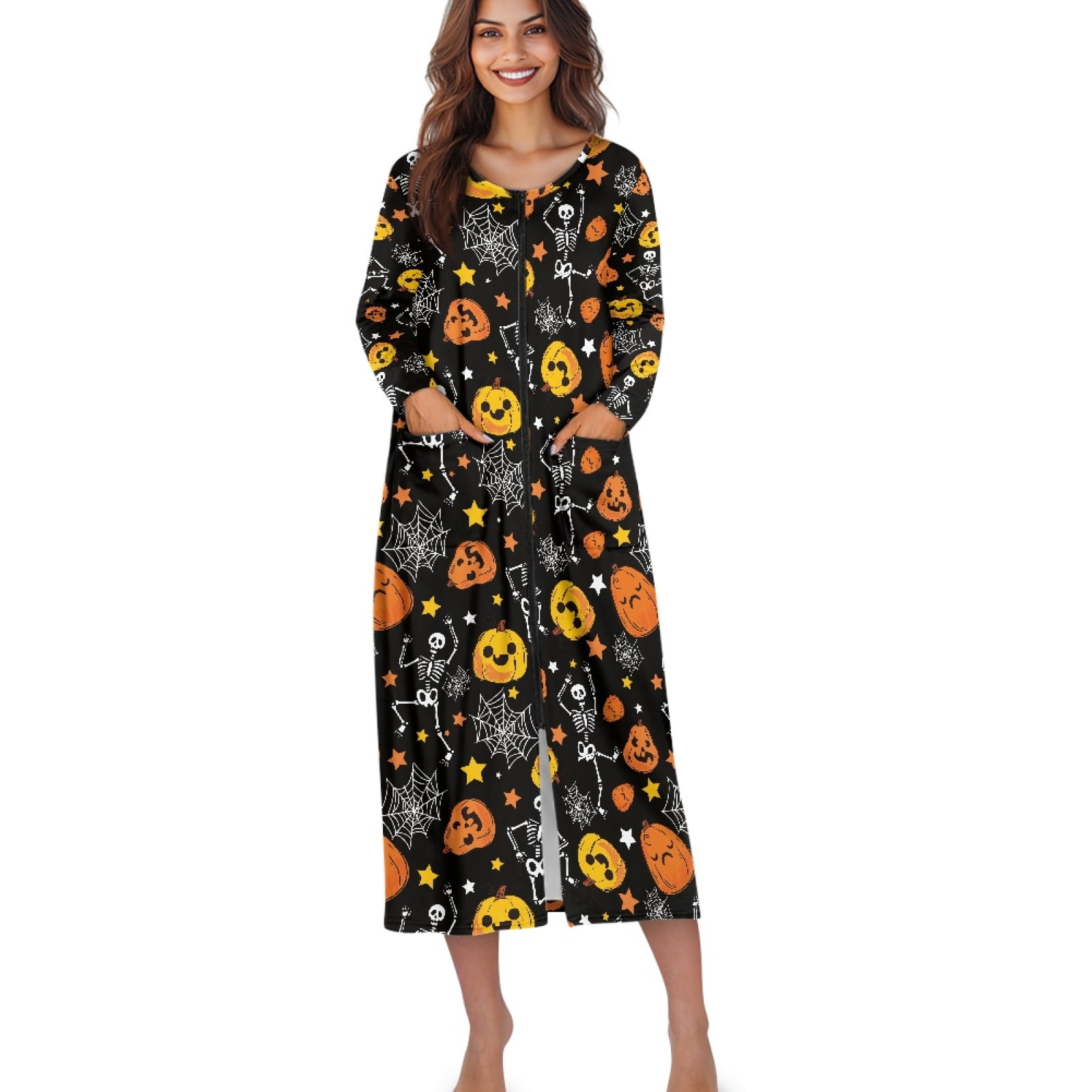 Xoenoiee Pumpkin Skull Star Spider Web Print Women Zipper Robe ...