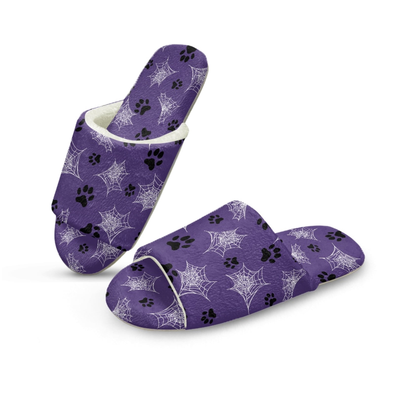 Xoenoiee Purple Dog Paw Spider Web Print Women Men Fuzzy House Slippers ...