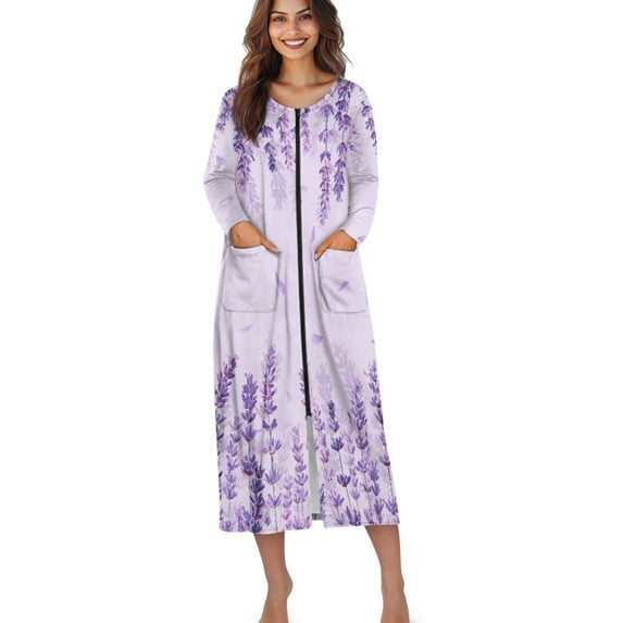 Xoenoiee Purple Lavender Print Robe for Women Zipper Robe Long Sleeves ...