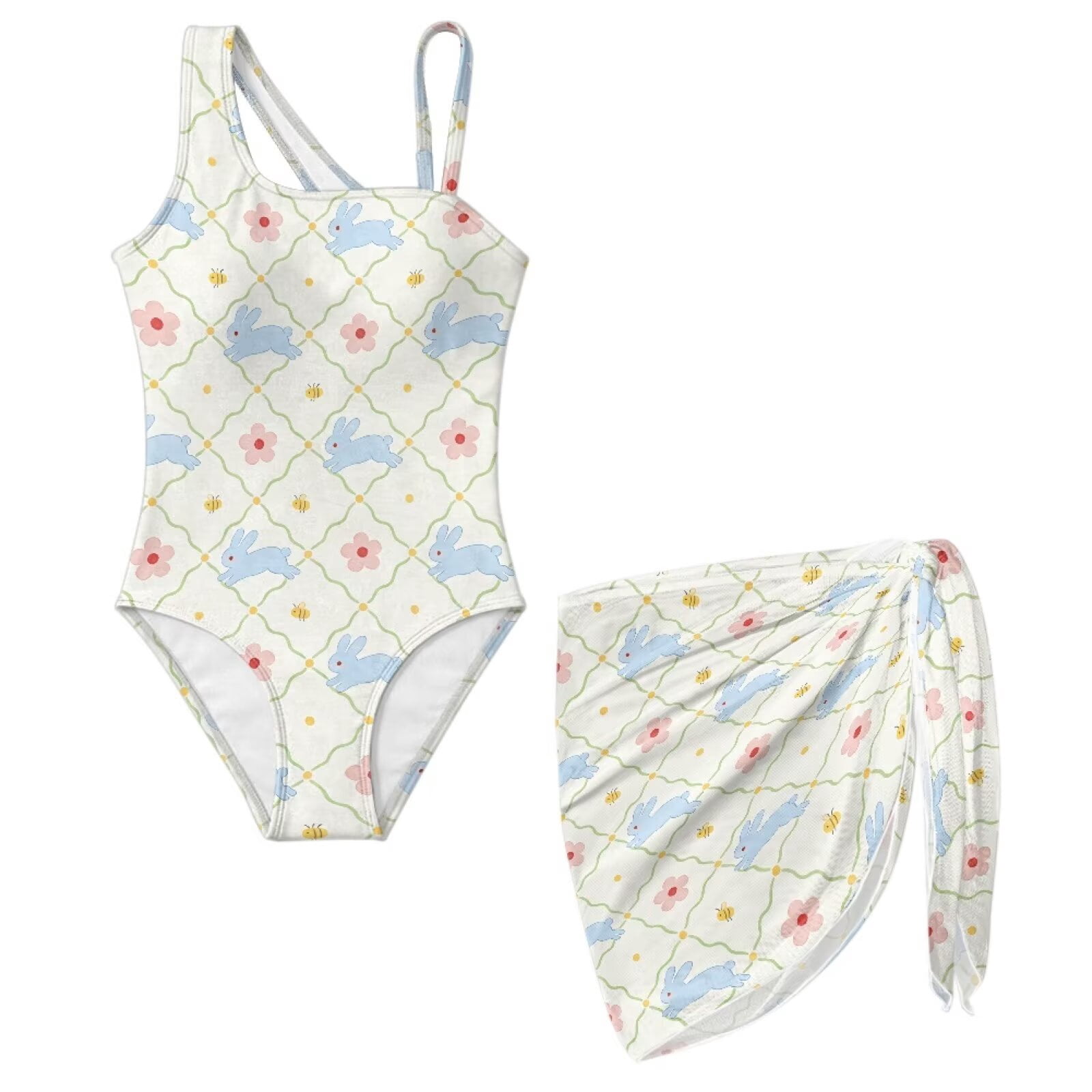 Xoenoiee Rabbit Bunny Bee Honeycomb Floral Pattern Girls Swimsuit Cut ...