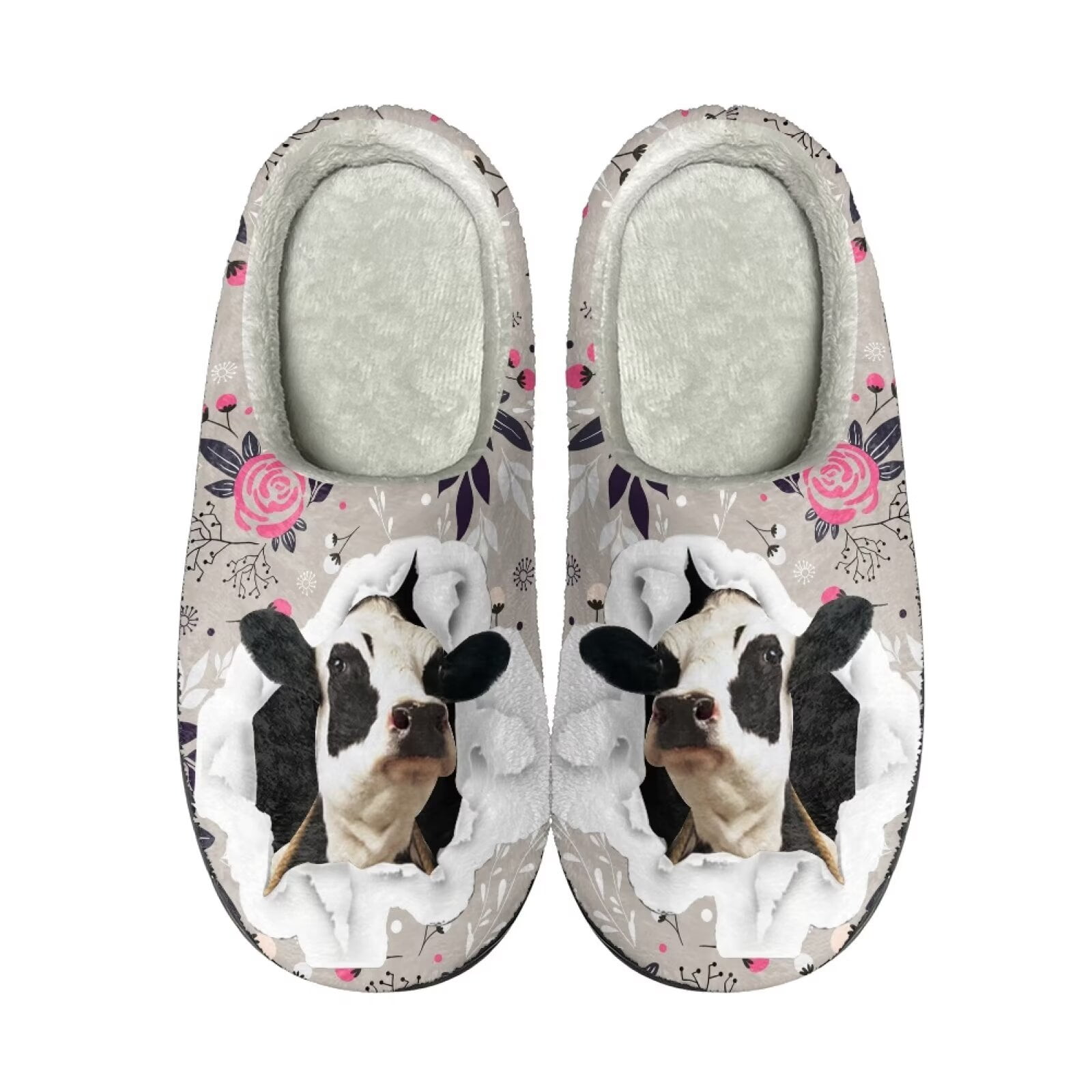 Xoenoiee Retro Floral Cow Print Plush Cosy Slippers for Winter Warm ...