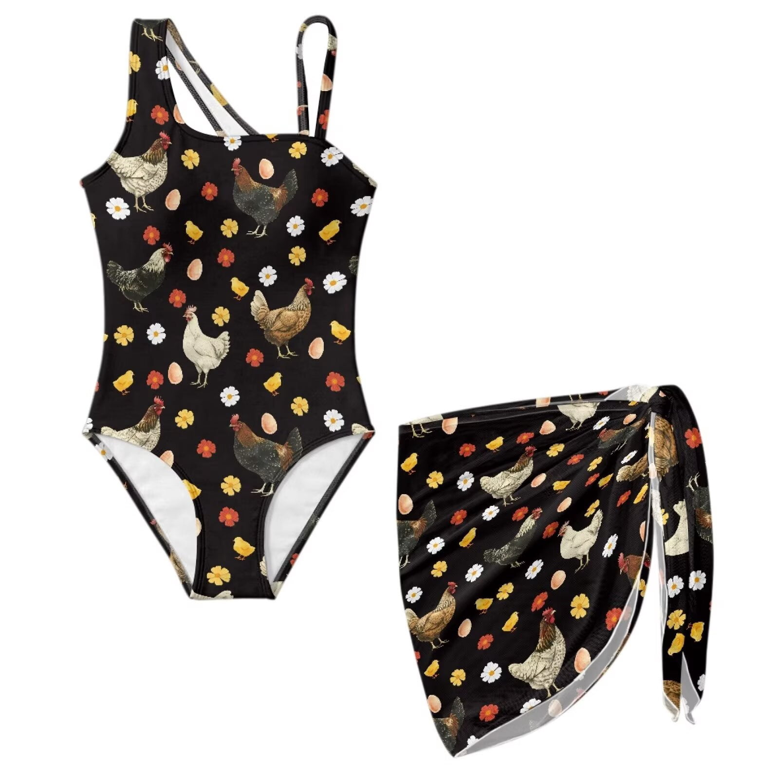 Xoenoiee Rooster Chicken Egg Flower Print Girls Swimsuits Halter One ...