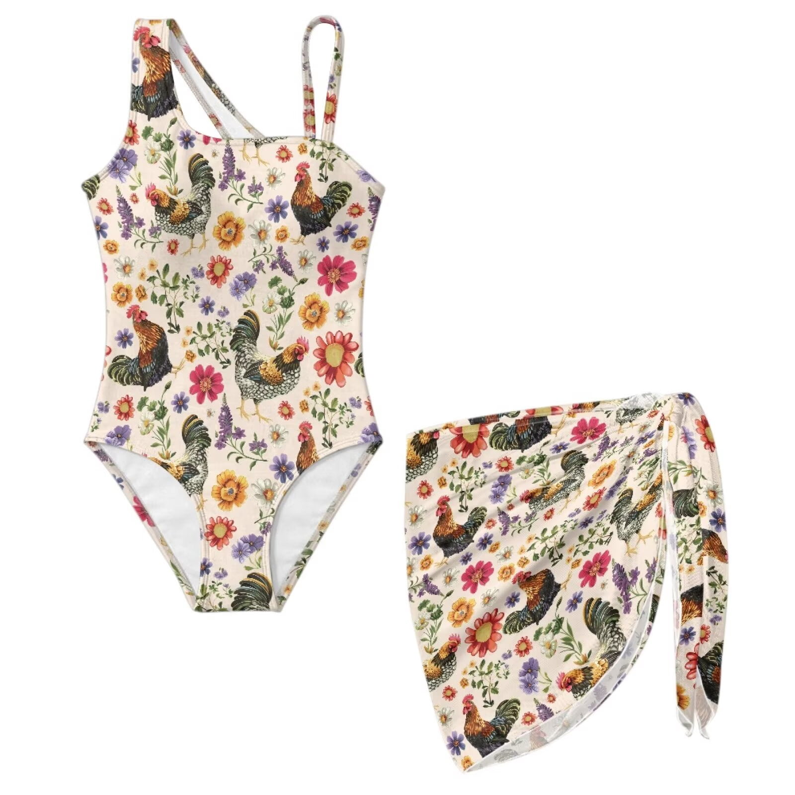 Xoenoiee Rooster Chicken Flower Print Girls Swimsuit Quick Dry Cut Out ...