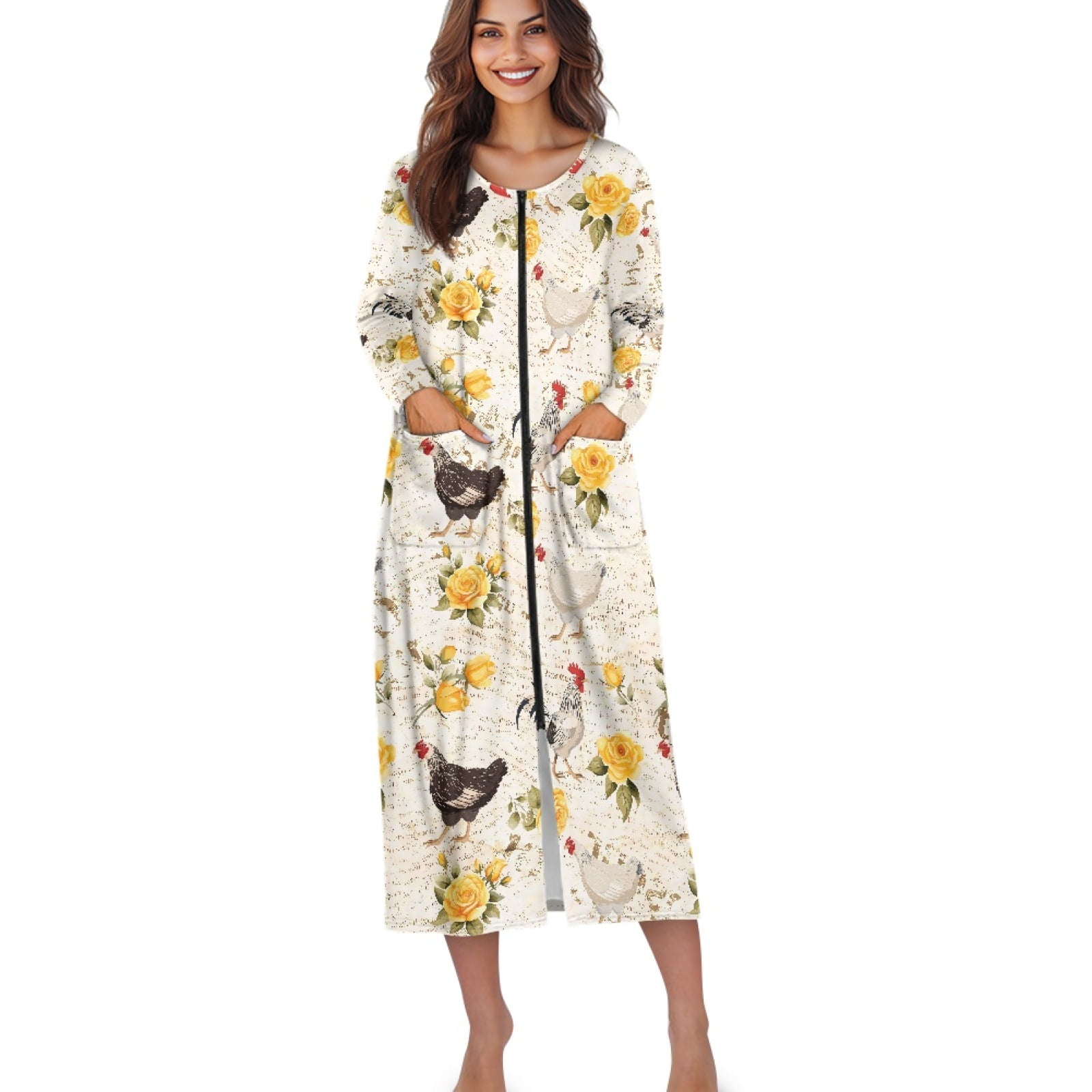 Xoenoiee Rooster Chicken Rose Print Robe for Women Zipper Robe Long ...