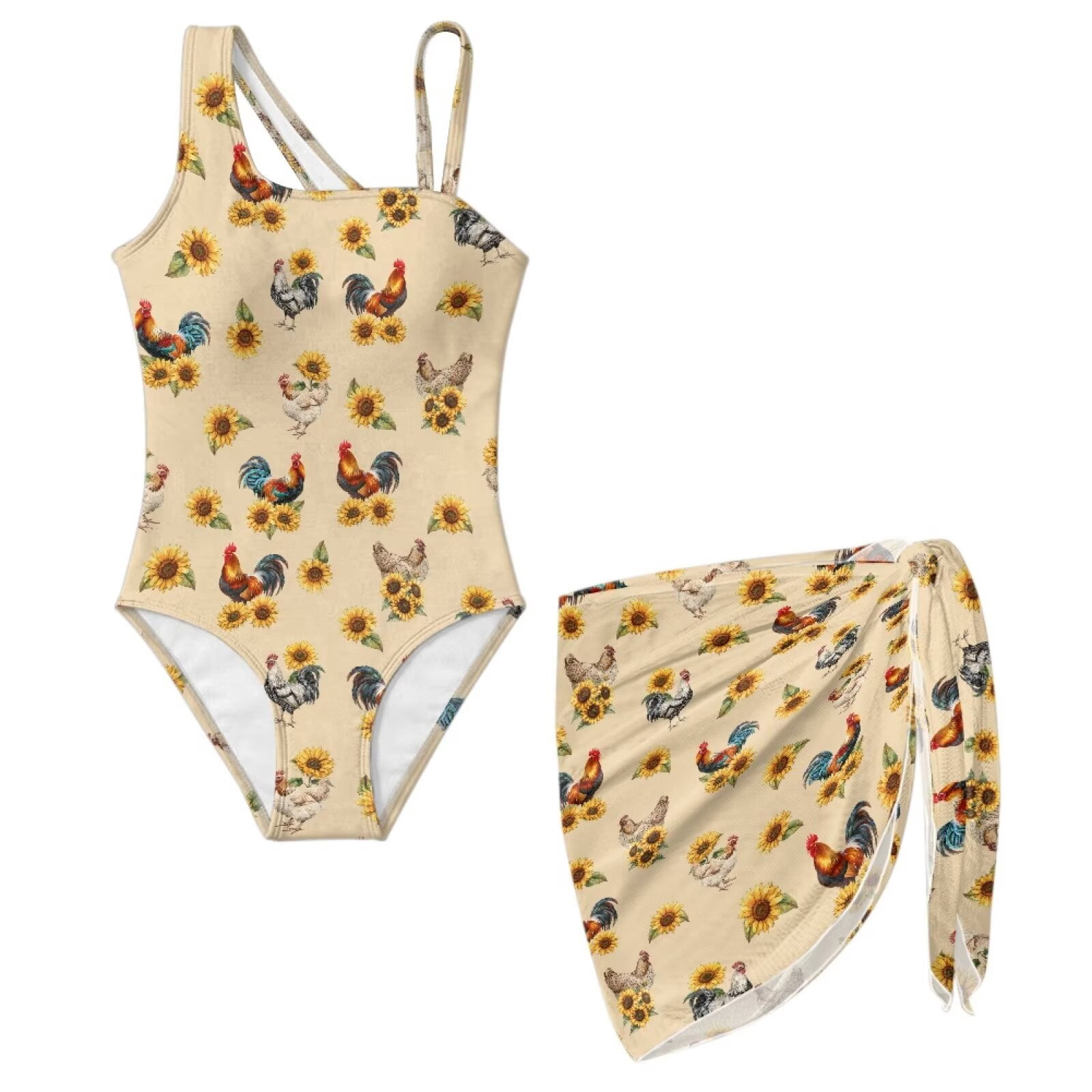 Xoenoiee Rooster Chicken Sunflower Print Girl's One Piece Swimsuits ...