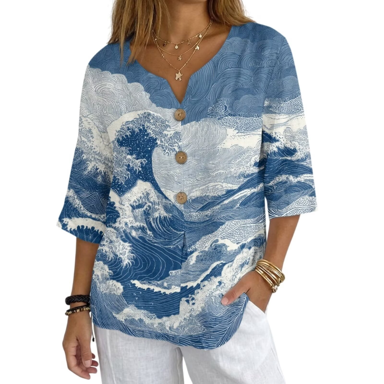 Xoenoiee Sea Waves Blue Print Linen Shirt for Women Spring Summer V ...