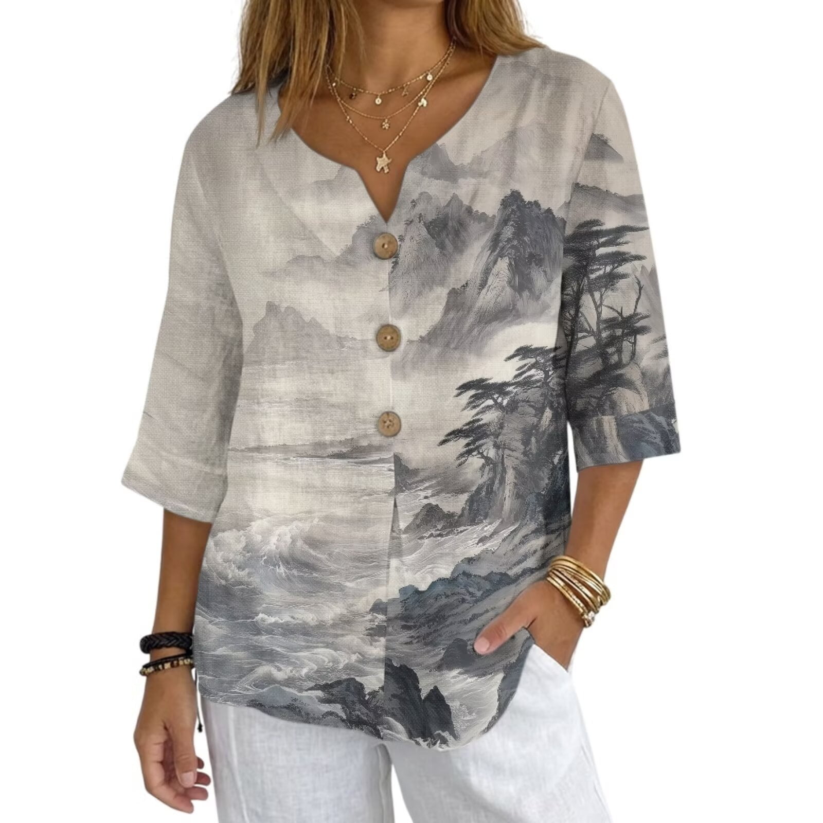 Xoenoiee Sea Waves Pine Tree Mountain Print Womens 3/4 Sleeve Button ...