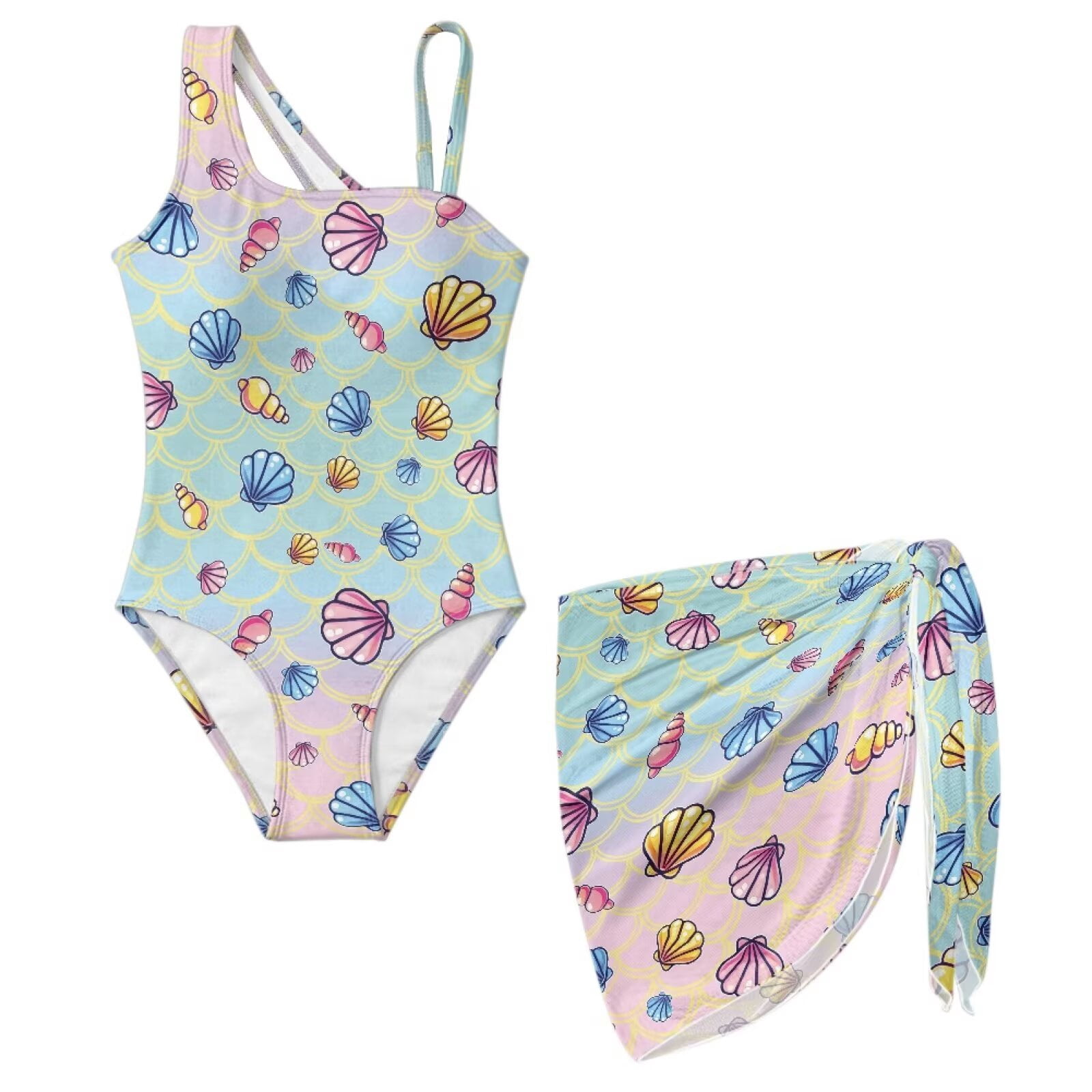 Xoenoiee Seashell Conch Mermaid Scales Pattern Girls Swimsuit with ...