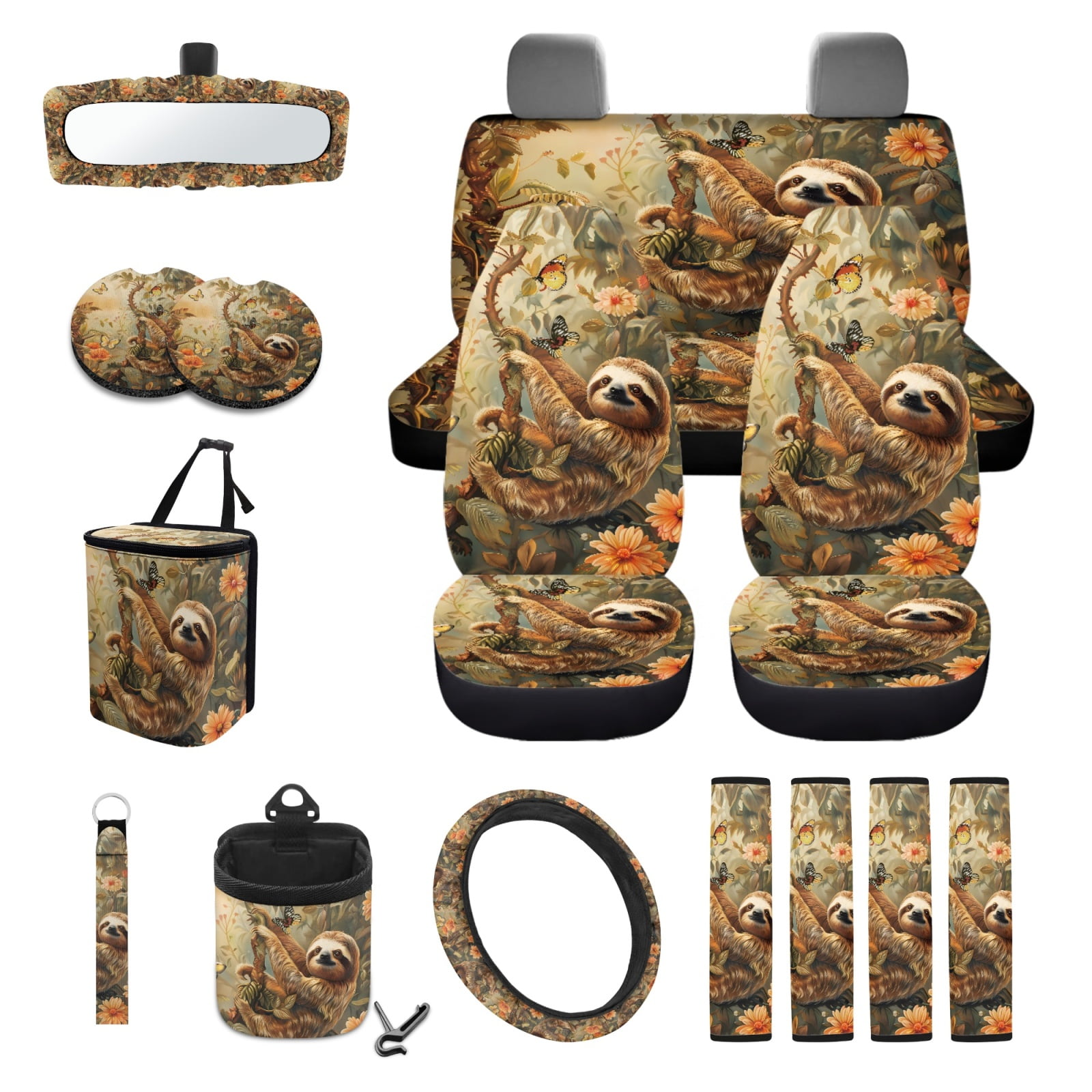 Xoenoiee Sloth Daisy Butterfly 15 Pack Car Seat Cover Set with Steering ...