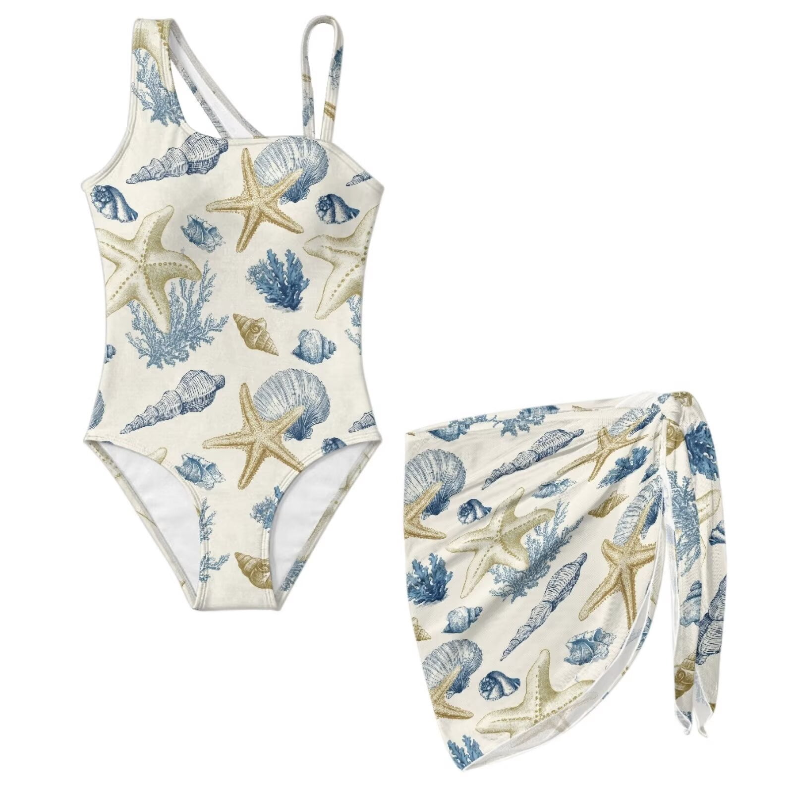 Xoenoiee Starfish Conch Coral Print Girls One Piece Swimsuits with ...