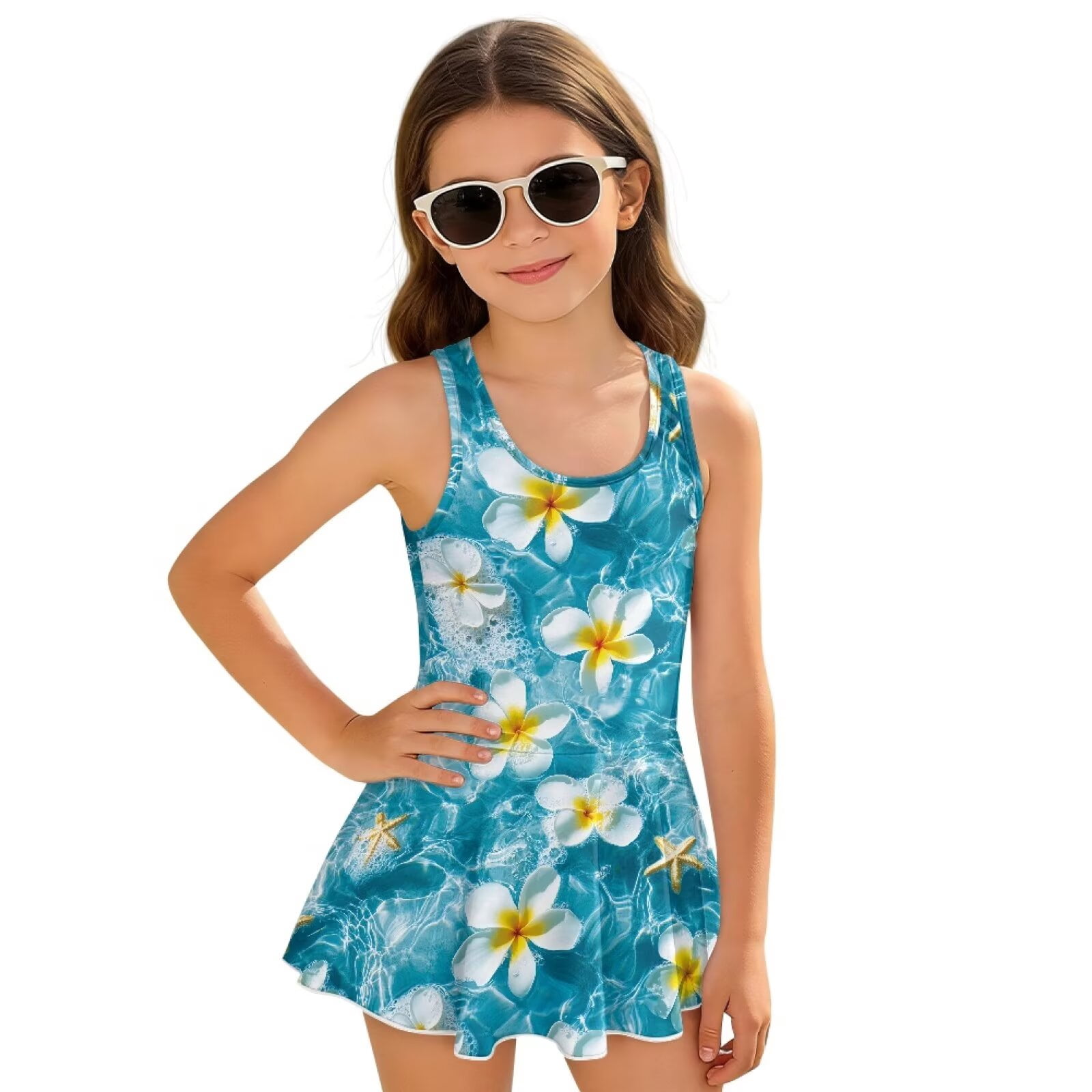 Xoenoiee Starfish Plumeria Flower Print Girls Swimsuits Kids One Piece ...
