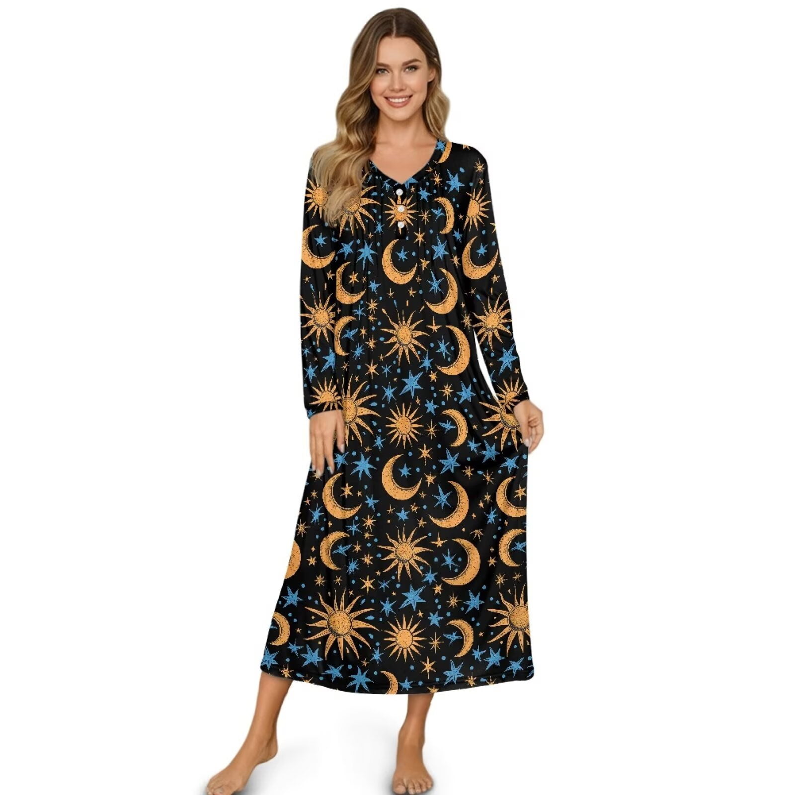 Xoenoiee Sun Moon Star Print Women's Nightgown Long Sleeve Sleepshirt ...