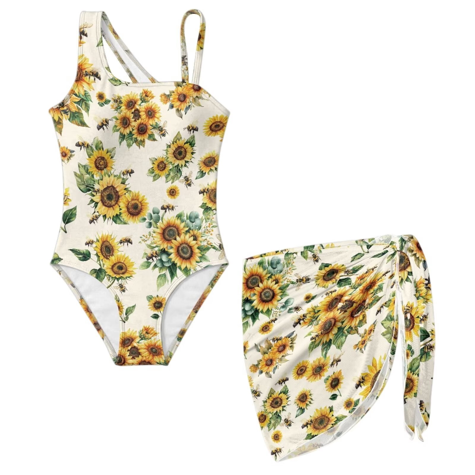 Xoenoiee Sunflower Bee Print Teens Girls One Piece Swimsuit Bathing ...
