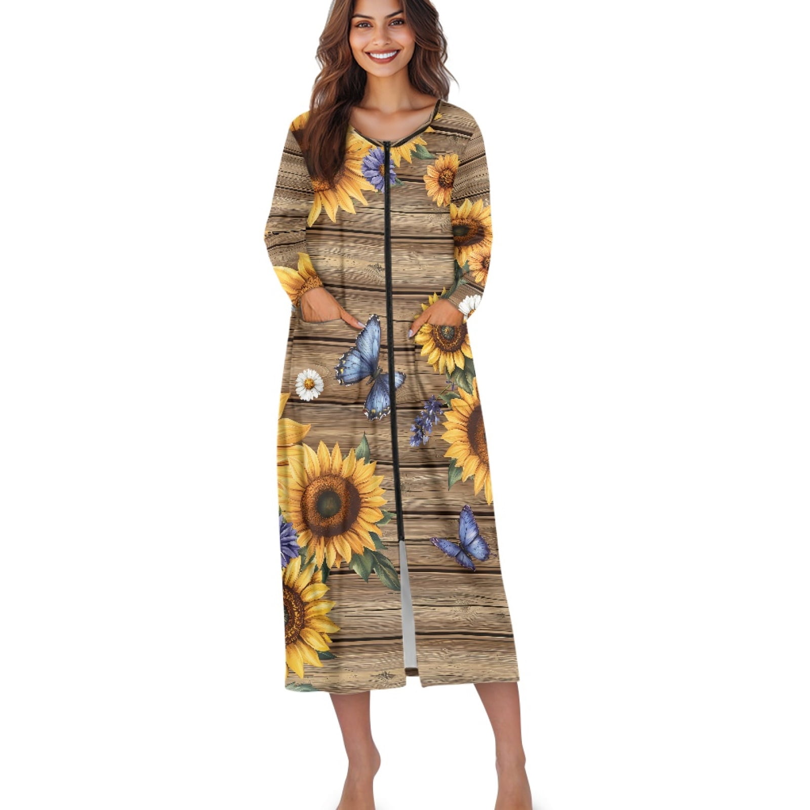 Xoenoiee Sunflower Daisy Butterfly Wood Print Nightgown House Dress Zip ...