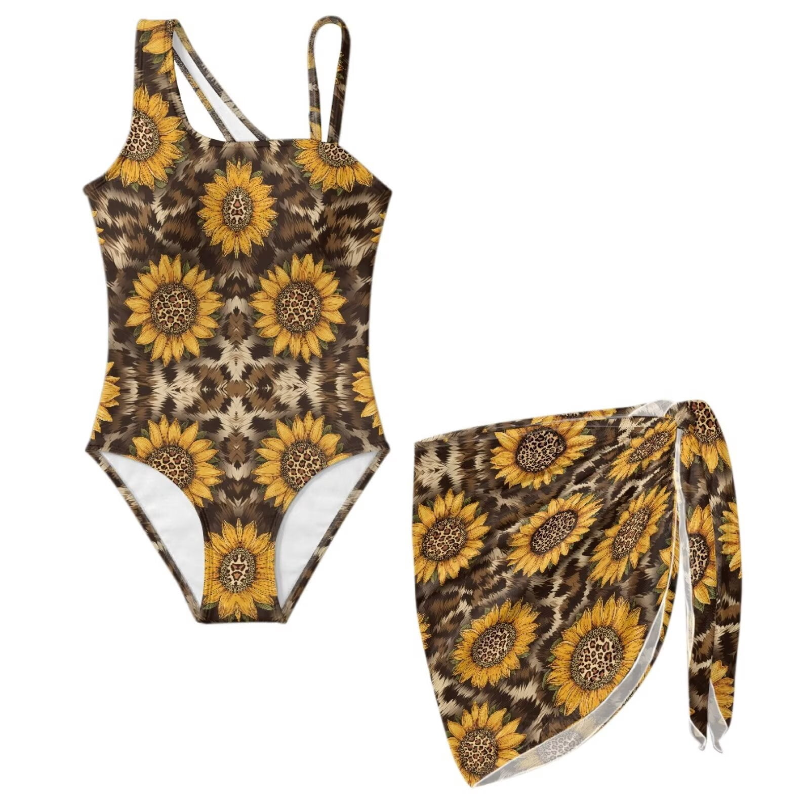Xoenoiee Sunflower Leopard Print Girls One Piece Swimsuit with Cover Up ...