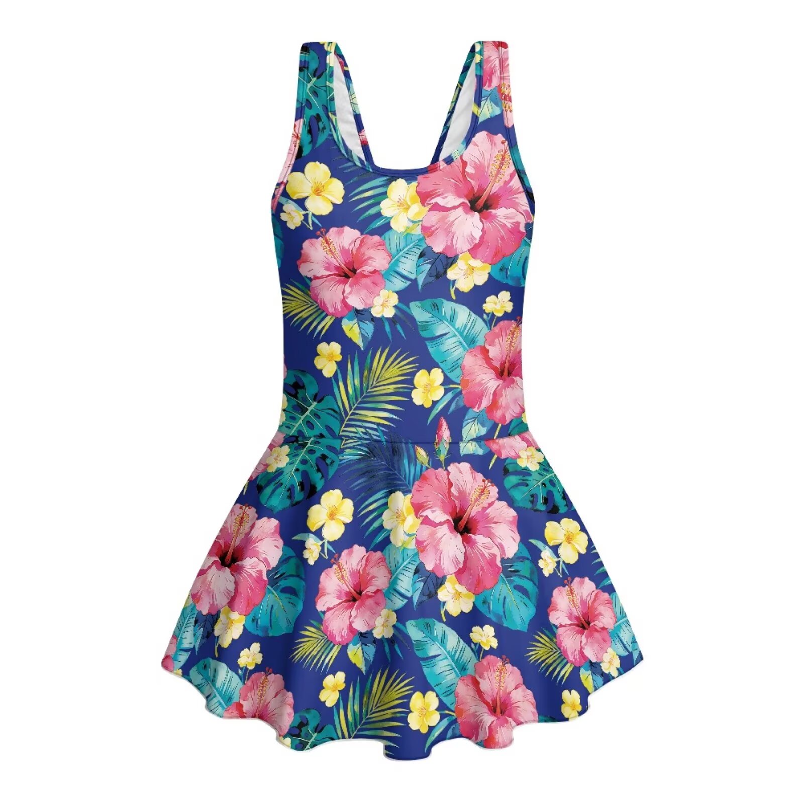 Xoenoiee Tropical Hibiscus Flower Palm Leaves Pattern Girls Swim Dress ...