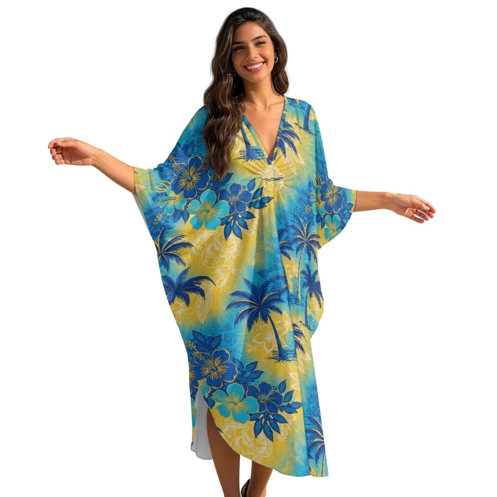 Xoenoiee Tropical Hibiscus Palm Tree Print Women's V-Neck Kaftan Plus ...