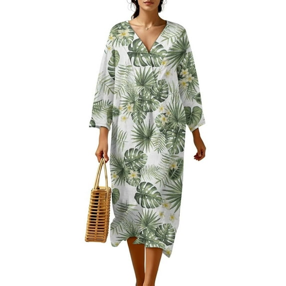 Xoenoiee Tropical Palm Leaves Plumeria Flower Print Women's Boho 3/4 ...