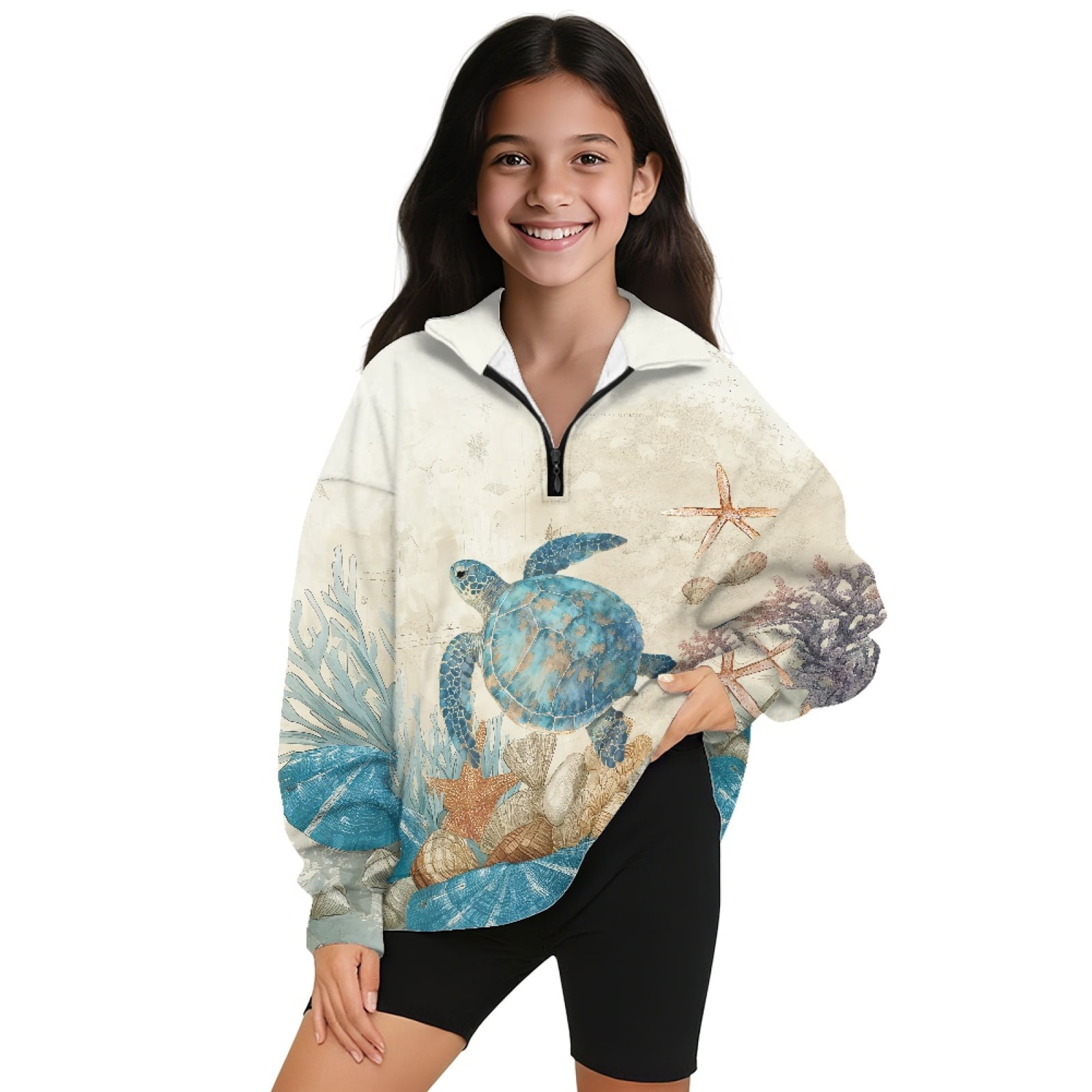 Xoenoiee Turtle Starfish Coral Print Girls Half Zip Sweatshirt Sweater ...