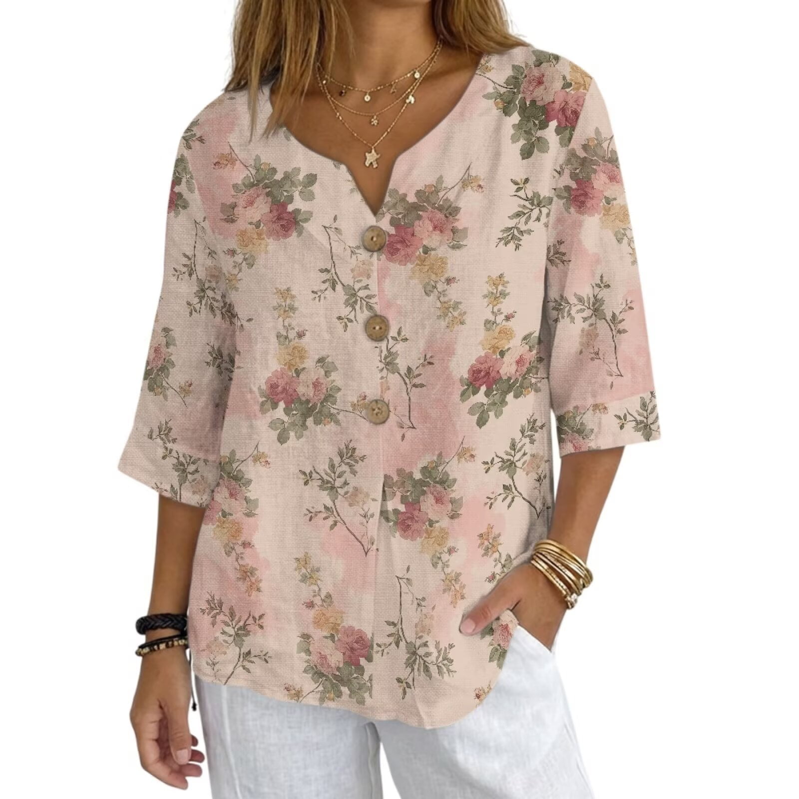 Xoenoiee Vintage Peony Flower Print Linen Shirts for Women 3/4 Sleeve ...