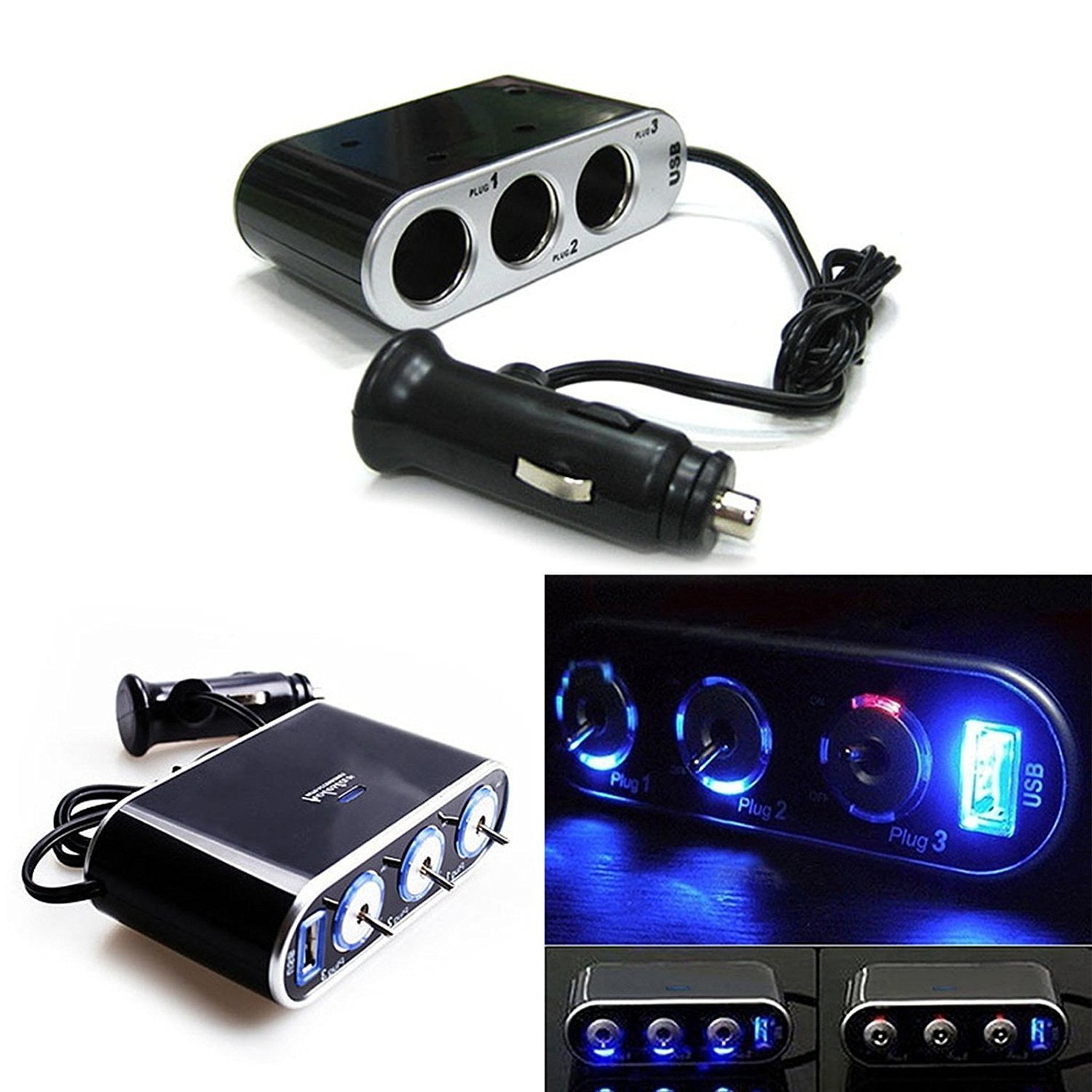 Xotic Tech 1 Set LED USB Triple 12V Car Cigarette Adapter Splitter ...