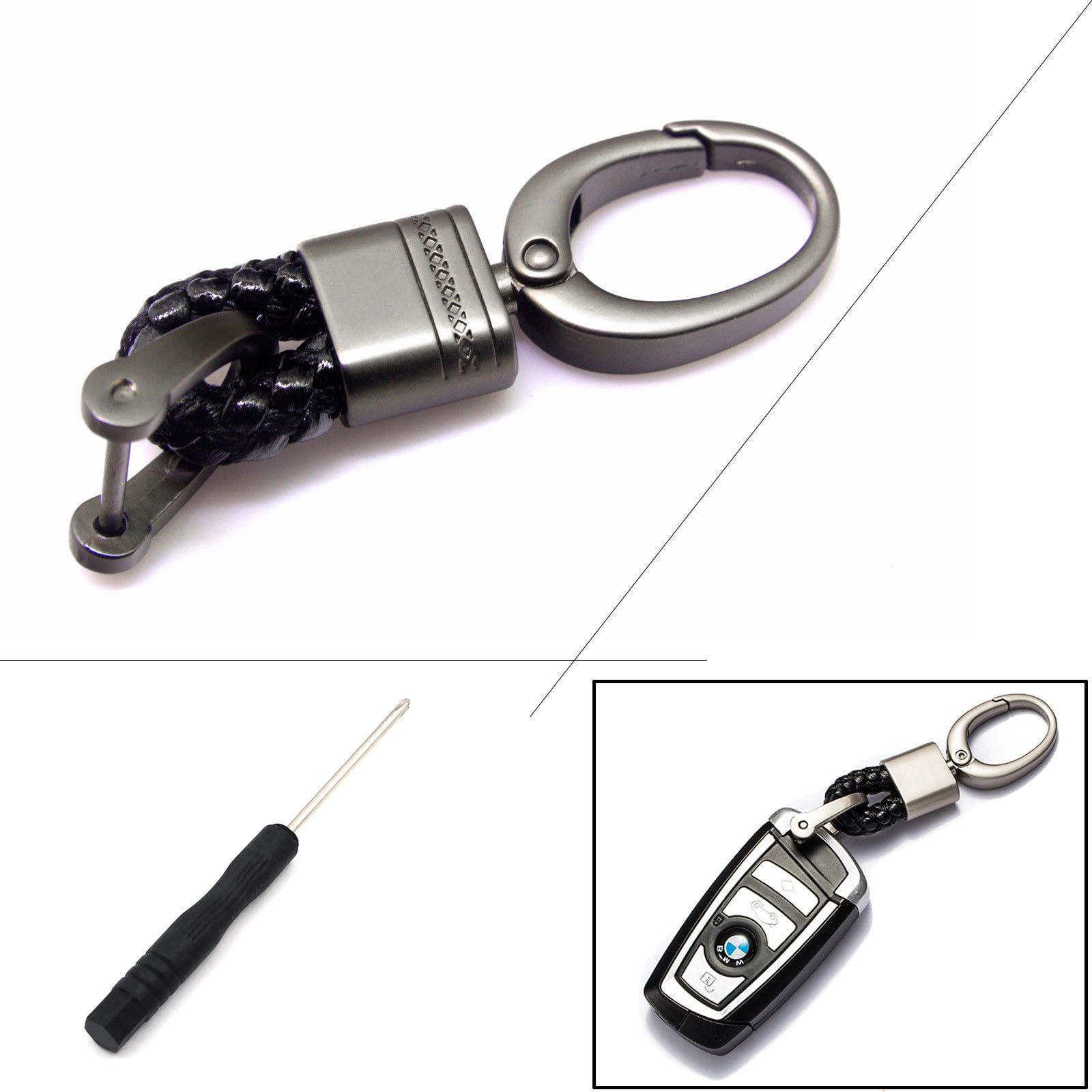 Xotic Tech Black Braided Leather Gun Metal Wrist Key Chian Ring Car ...