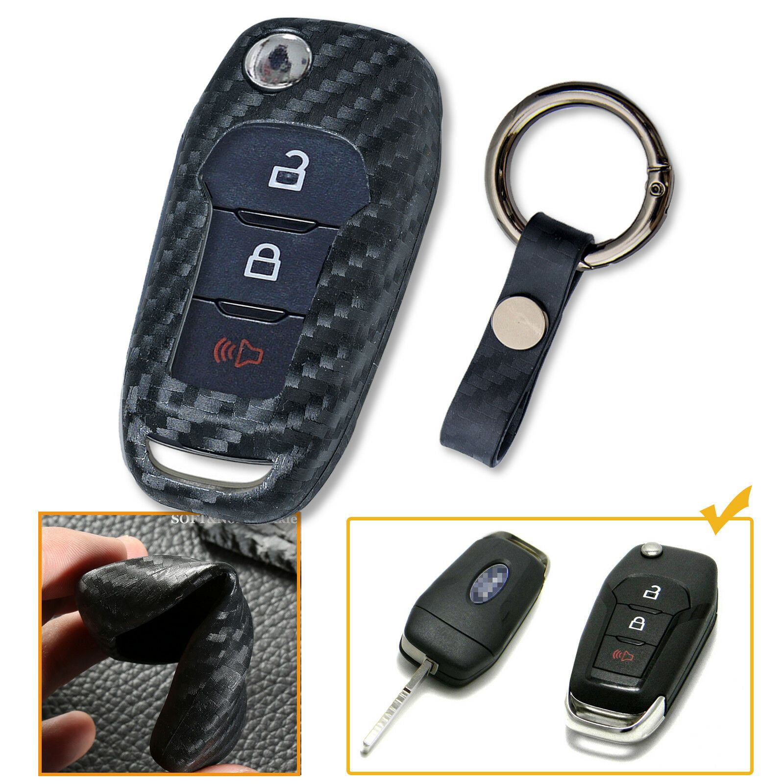 Xotic Tech Carbon Grain TPU Key Fob Cover Case with Keychain for Ford F ...