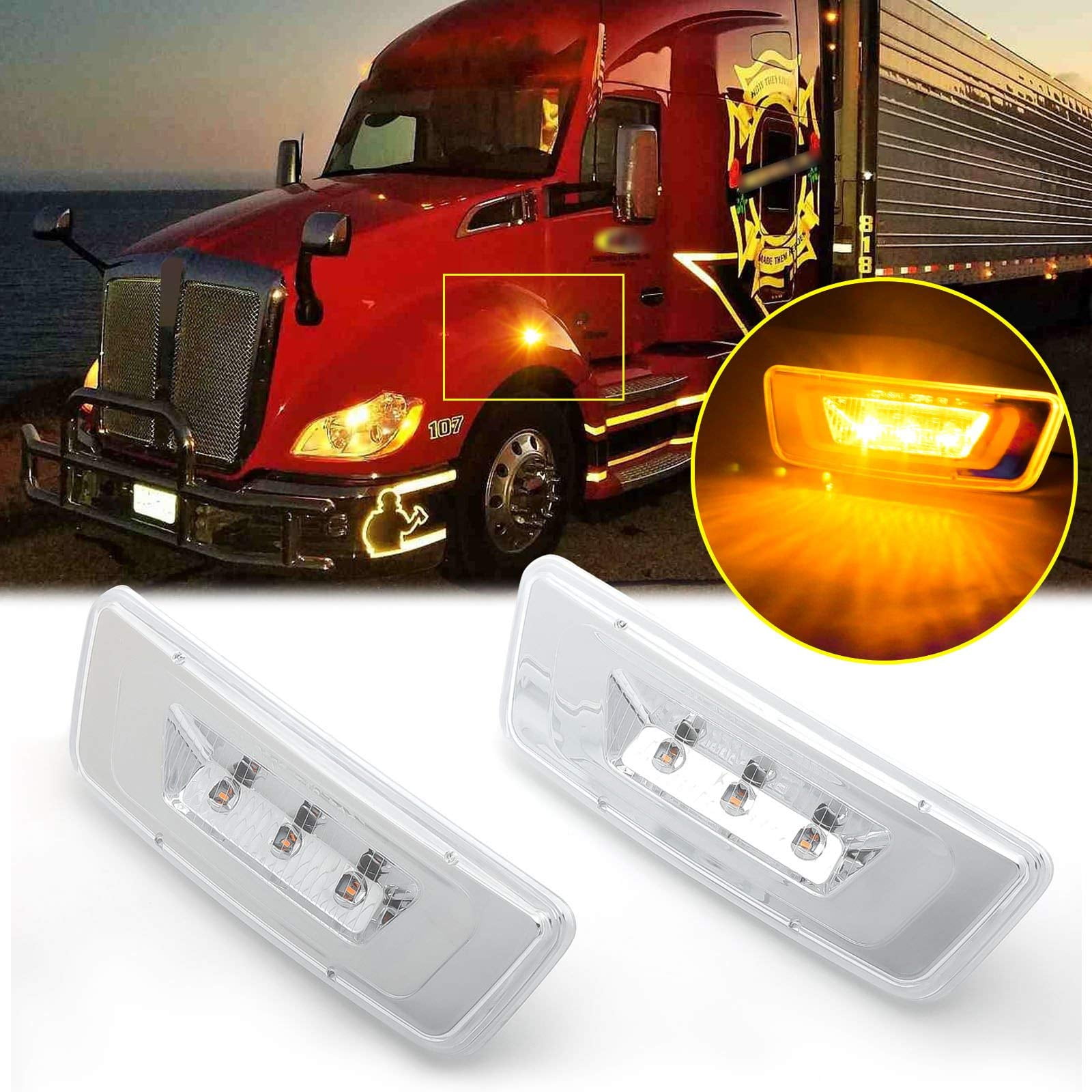 Xotic Tech Clear Lens DHF10 LED Side Marker Signal Light Lamps OE Fit Compatible with Kenworth ...