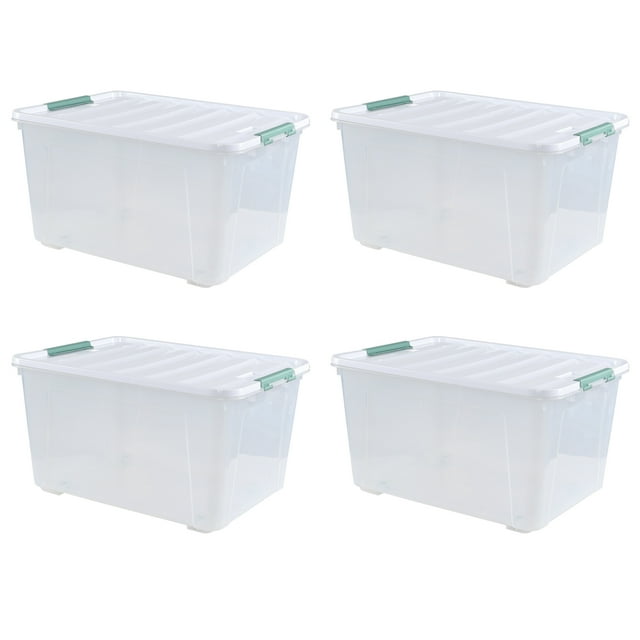 Xowine 80 L Large Plastic Storage Bins with Lids, 4 Pack Wheeled Clear ...
