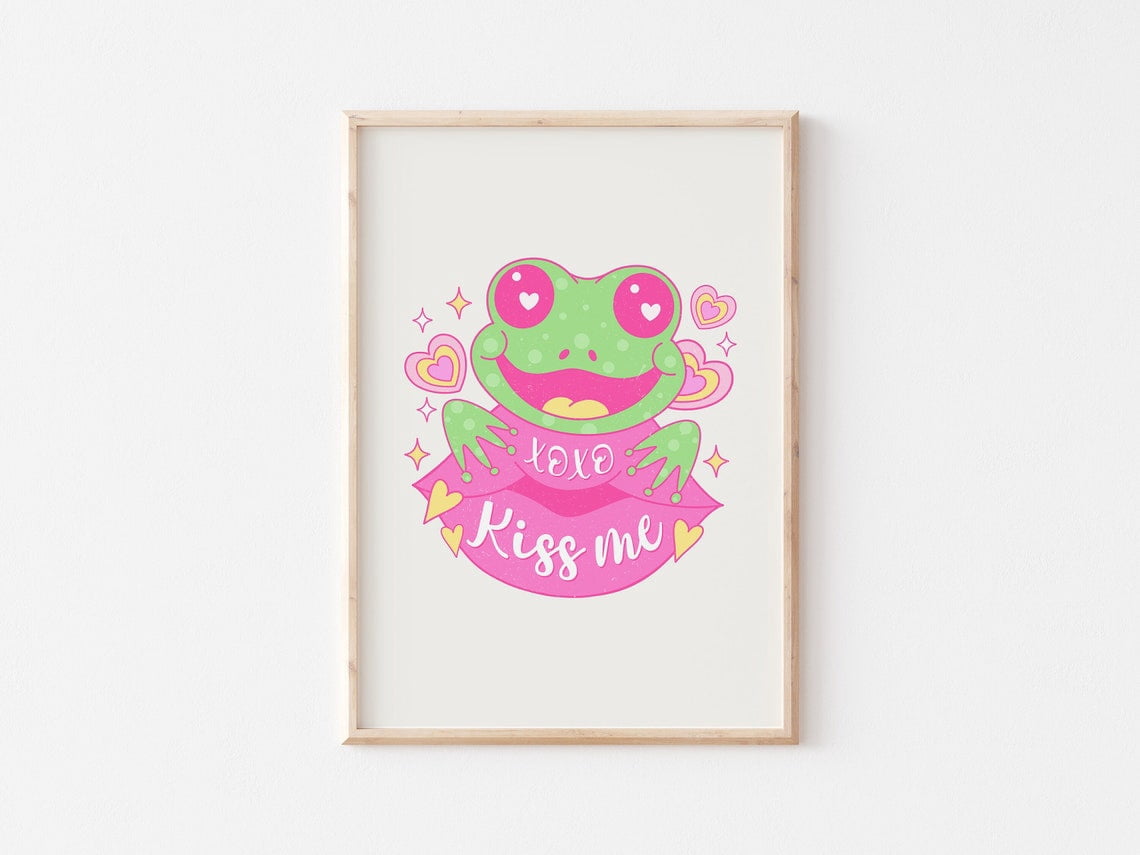 Xoxo Kiss Me Frog Poster, Cute Valentine Frog Cupid, Retro Pink ...
