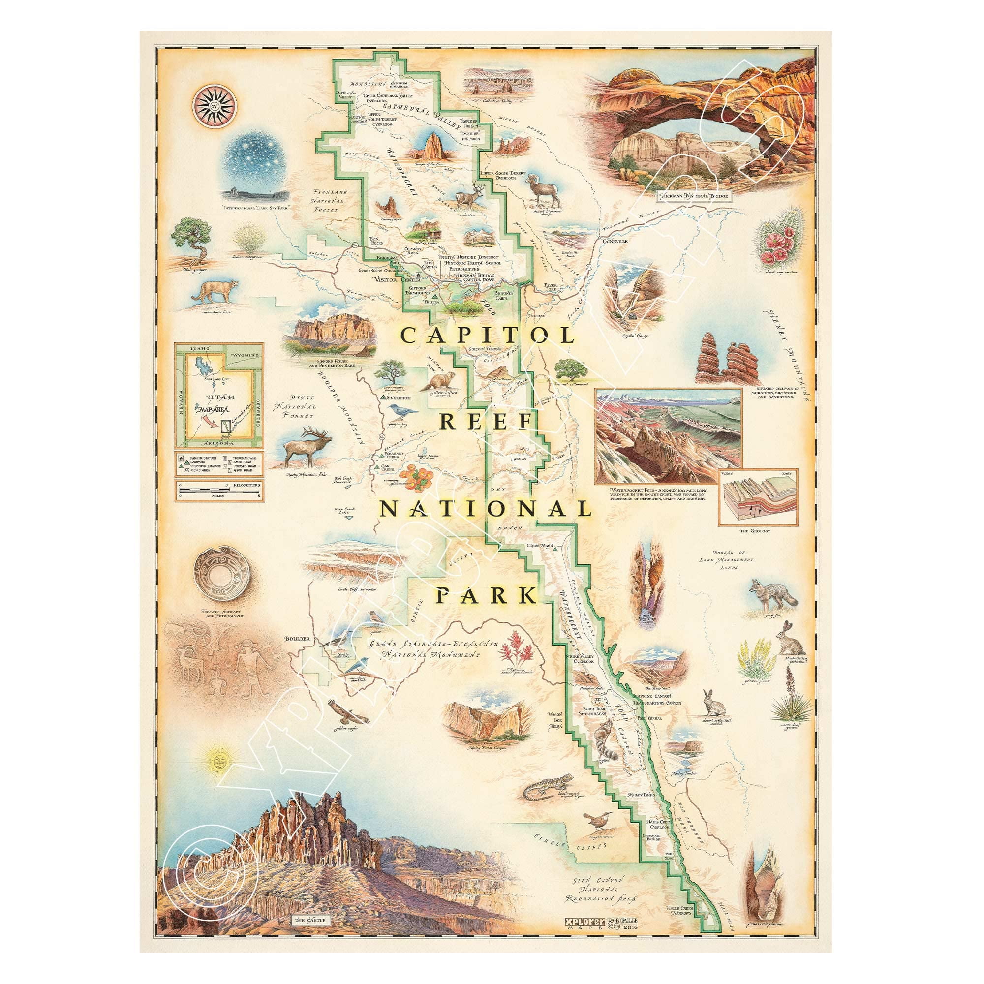 Xplorer Maps Capitol Reef National Park Hand-Drawn Map - Authentic ...