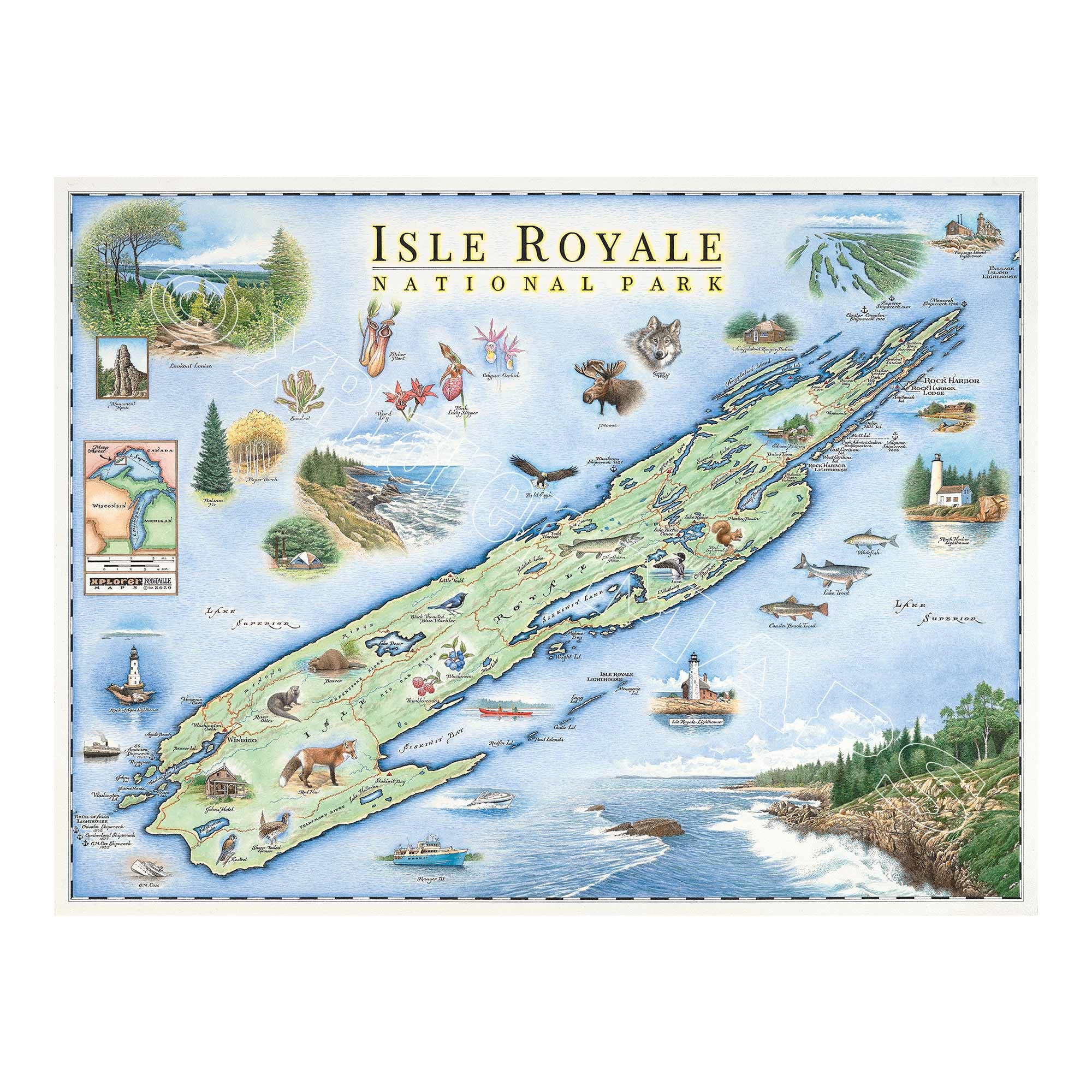 Xplorer Maps Isle Royale National Park Hand-Drawn - Authentic 24x18 ...