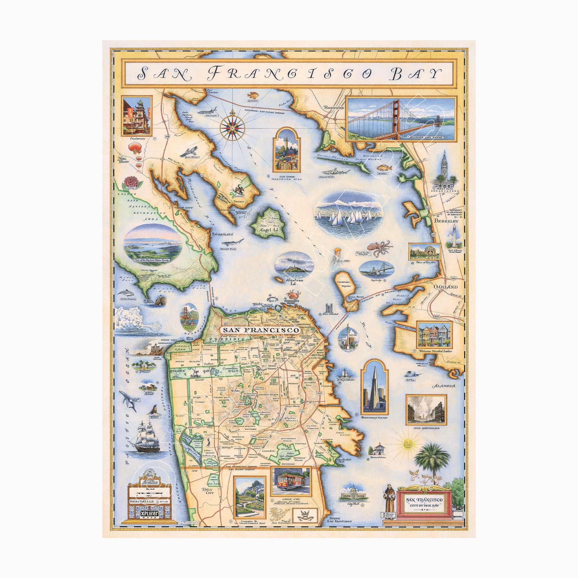 Xplorer Maps San Francisco Bay Hand-Drawn Map - Authentic 18x24 Vintage ...