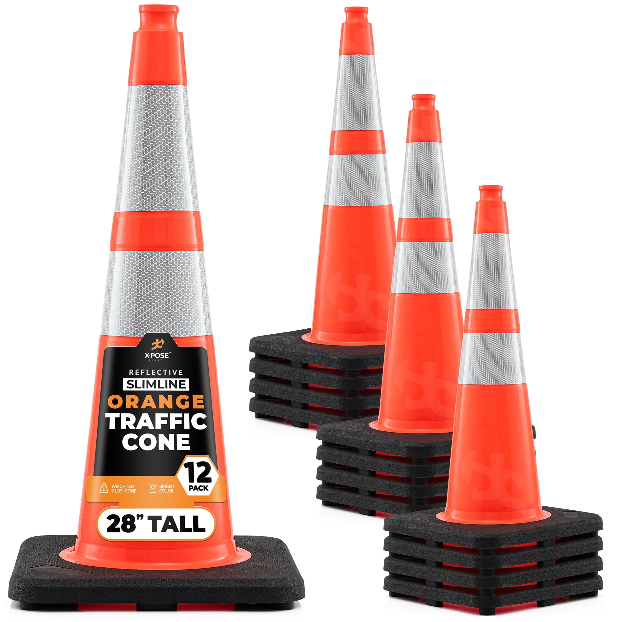 Xpose Safety 28 Inch Orange Slim Line Traffic Cones with 6" & 4 ...