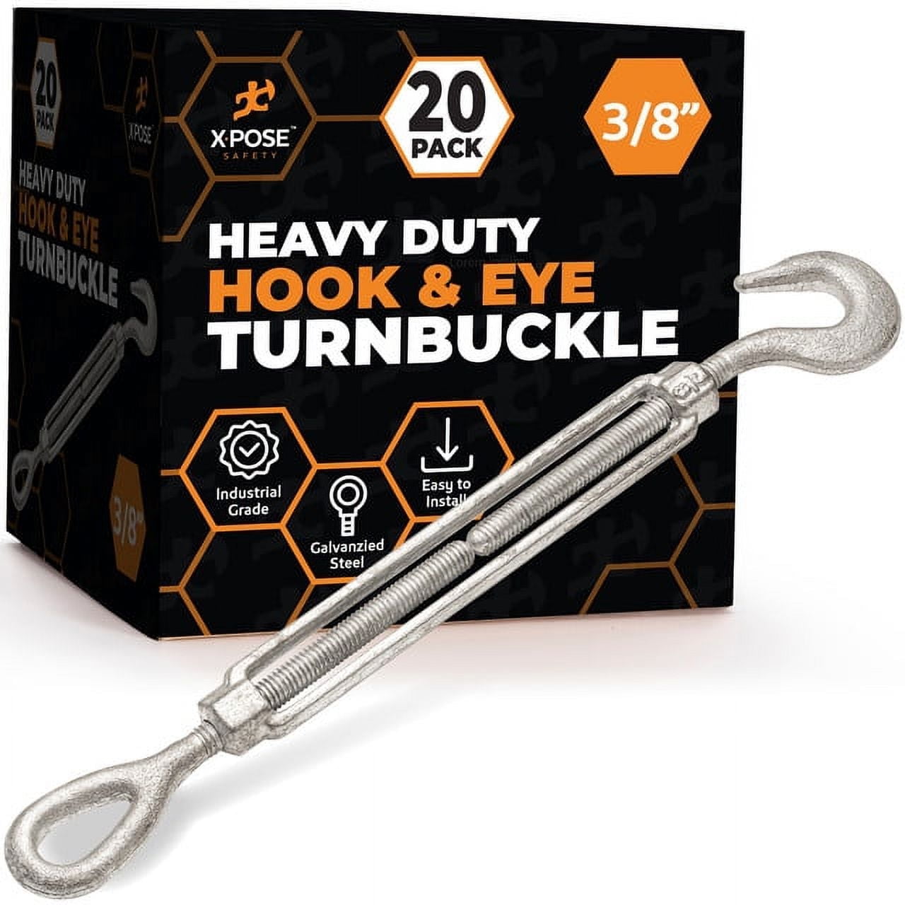 Xpose Safety 3/8" Hook and Eye Turnbuckle - Heavy Duty Galvanized Steel Turn Buckles - Turn ...