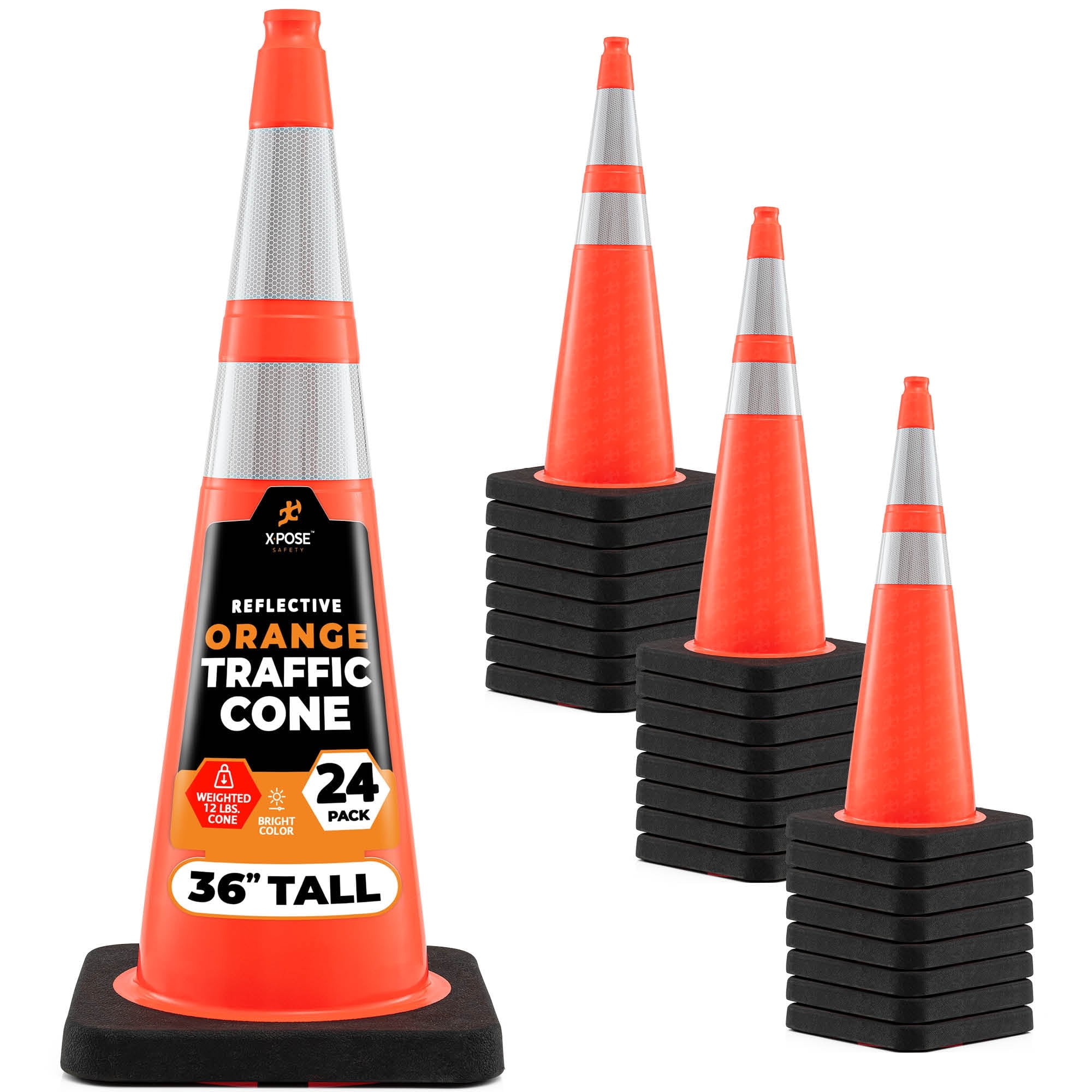 Xpose Safety 36 Inch Orange Traffic Cones with 6" & 4" Collars, 24-Pack ...