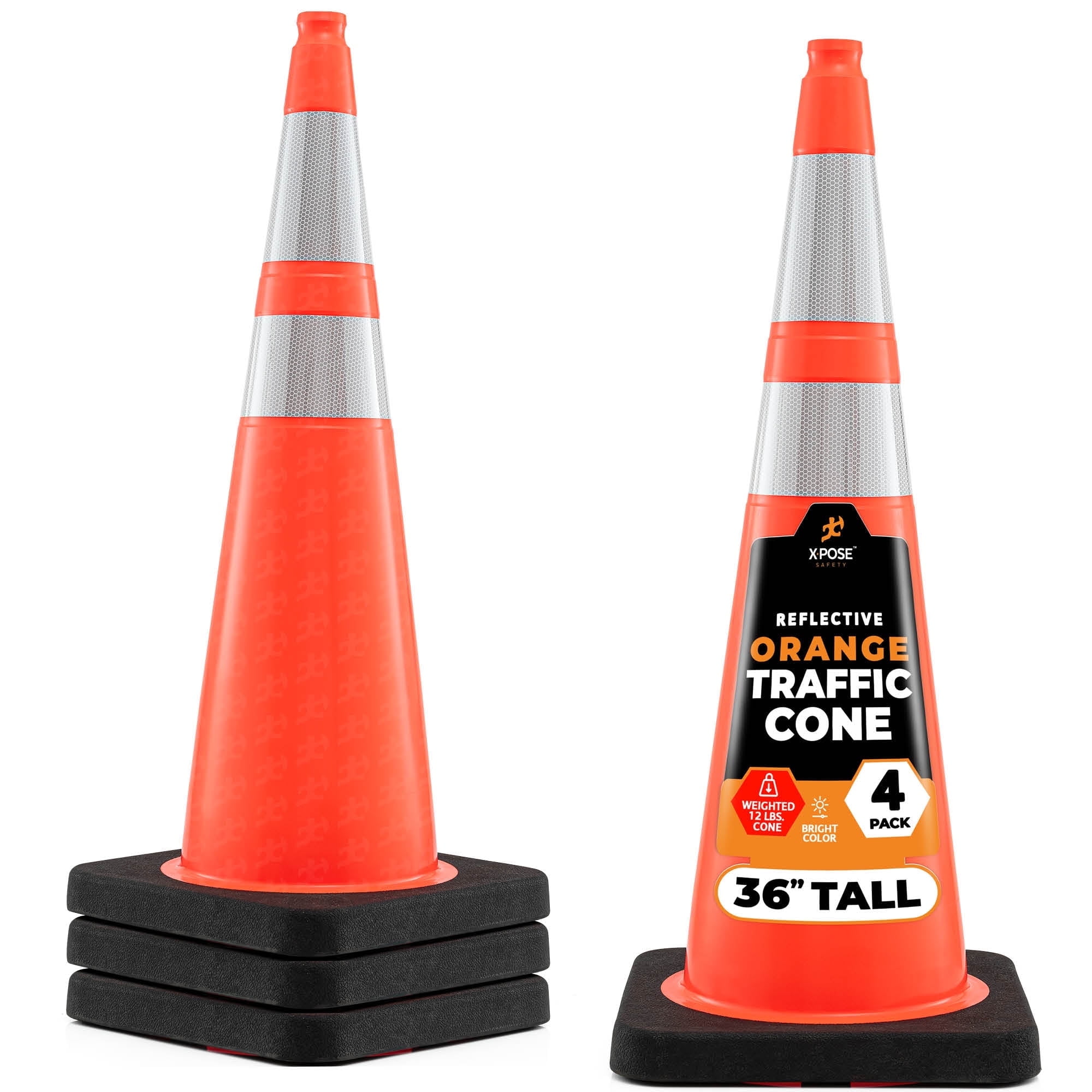 Xpose Safety 36 Inch Orange Traffic Cones with 6" & 4" Collars, 4-Pack ...