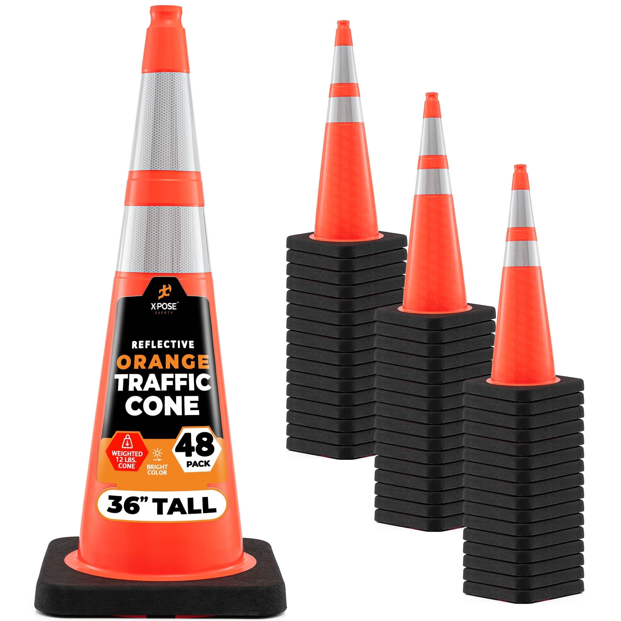 Xpose Safety 36 Inch Orange Traffic Cones with 6" & 4" Collars, 48-Pack ...