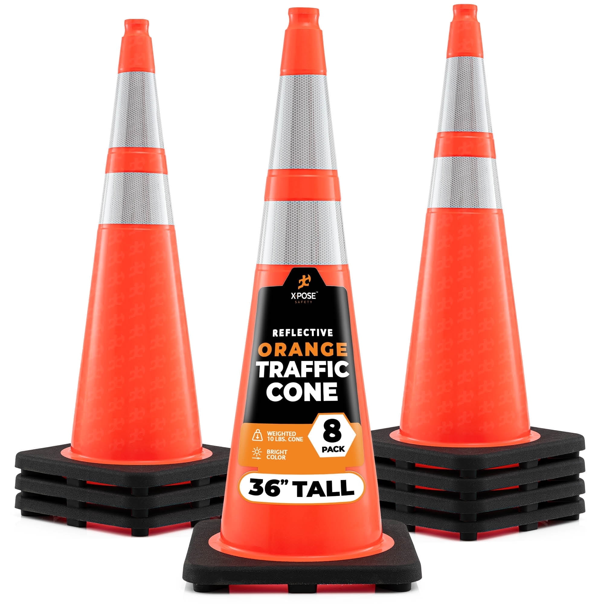 Xpose Safety 36 Inch Orange Traffic Cones with 6" & 4" Collars, 8-Pack ...