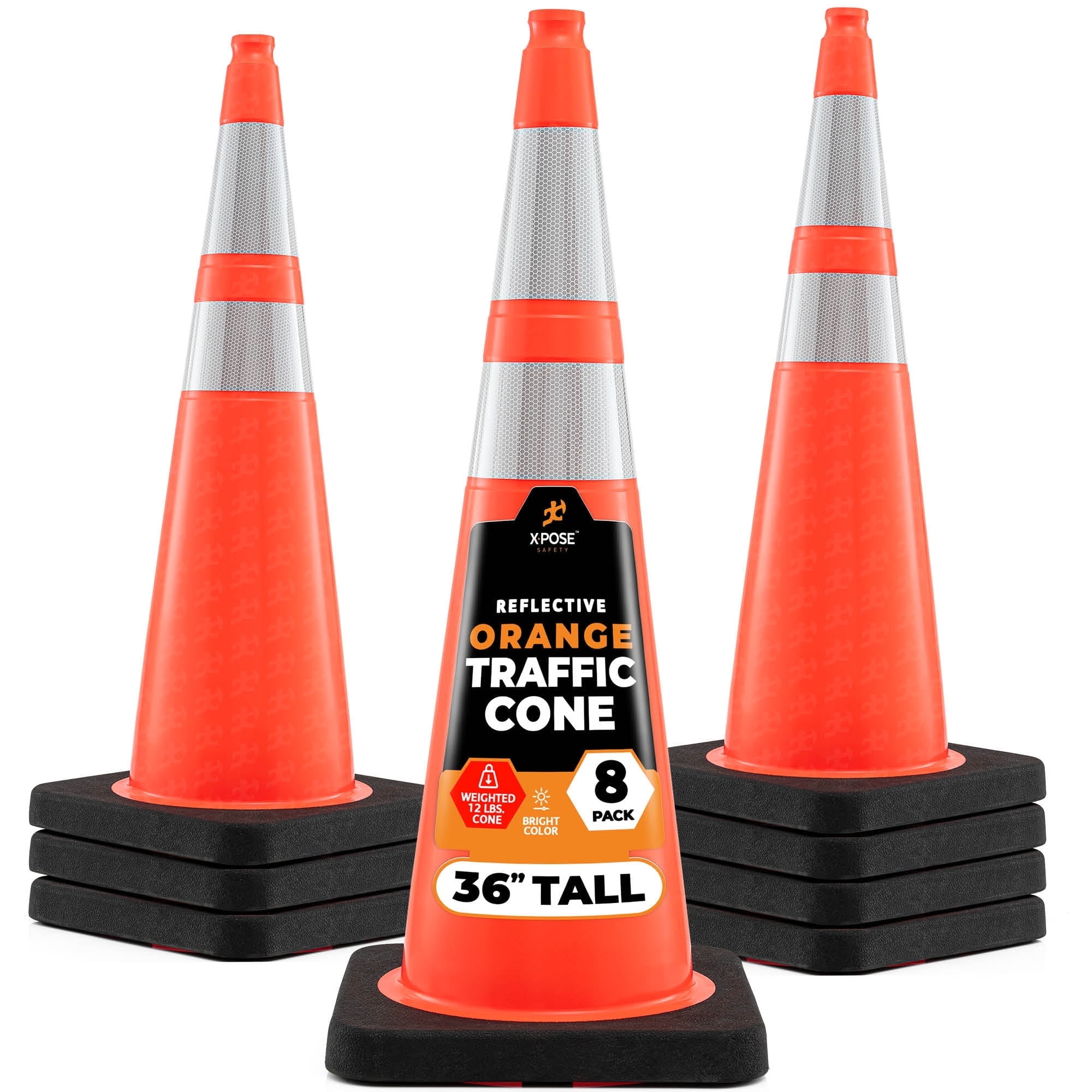 Xpose Safety 36 Inch Orange Traffic Cones with 6" & 4" Collars, 8-Pack ...