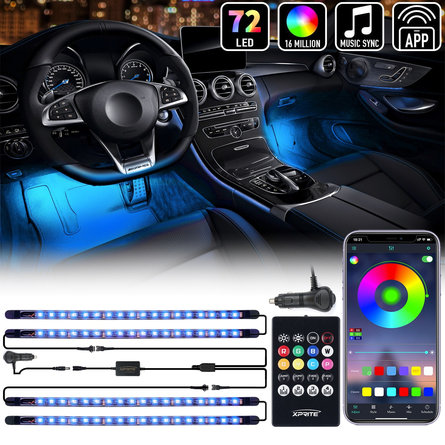 Xprite RGB LED Interior Car Light Bluetooth and Remote Control Set ...