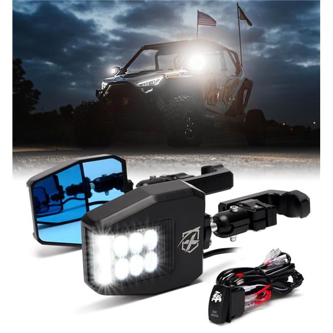 Xprite UTV Side View Mirror with LED Spotlight Plus C-Clamp Brackets ...