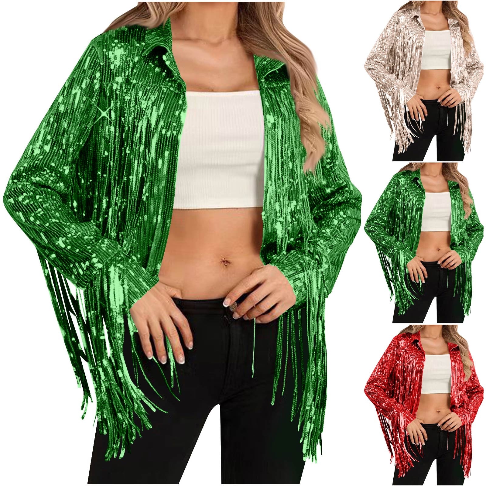 Xqddyup Sequin Fringe Jackets for Women Shiny Tassel Hem Disco Jacket ...
