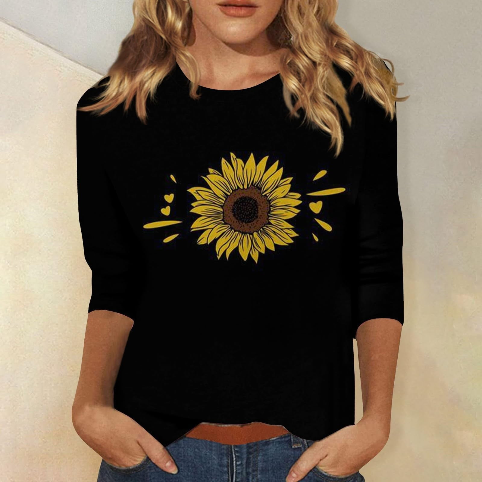 Xqxayjr Womens Sunflower Print Fall Sweatshirts Casual Loose 3/4 Sleeve ...
