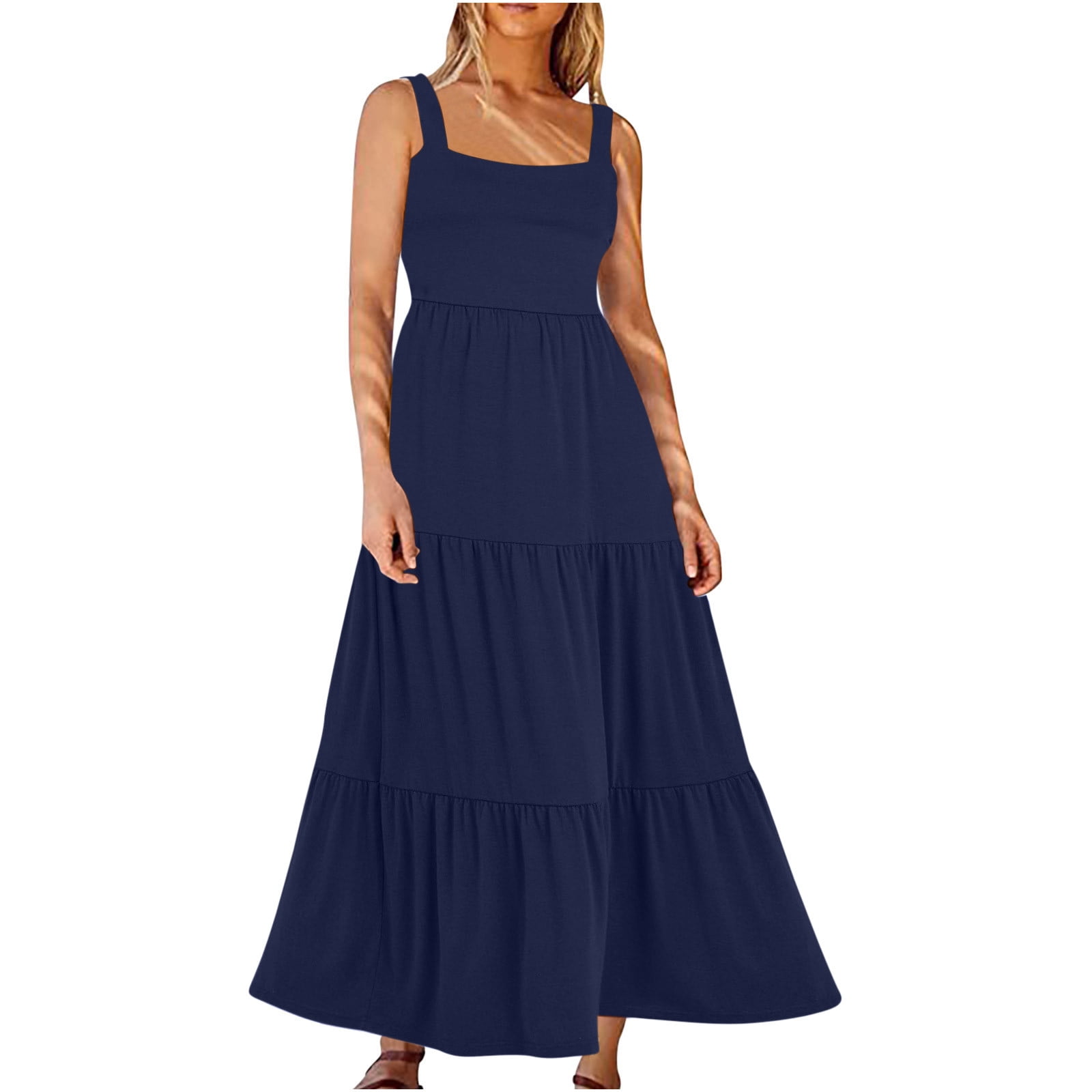 Xqxayjr Ladies Summer Flowy Tiered Pleated Swing Long Maxi Sundresses ...
