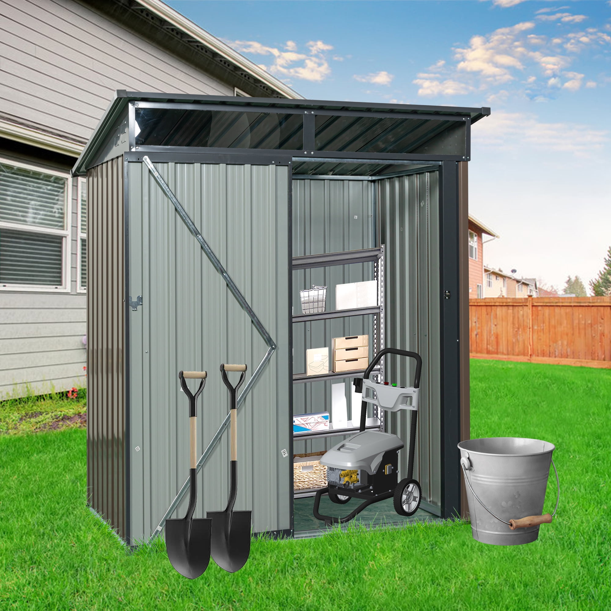 Xshelley Outdoor Storage Shed, Metal Shed Tools Shed 5' x 3' Ft ...
