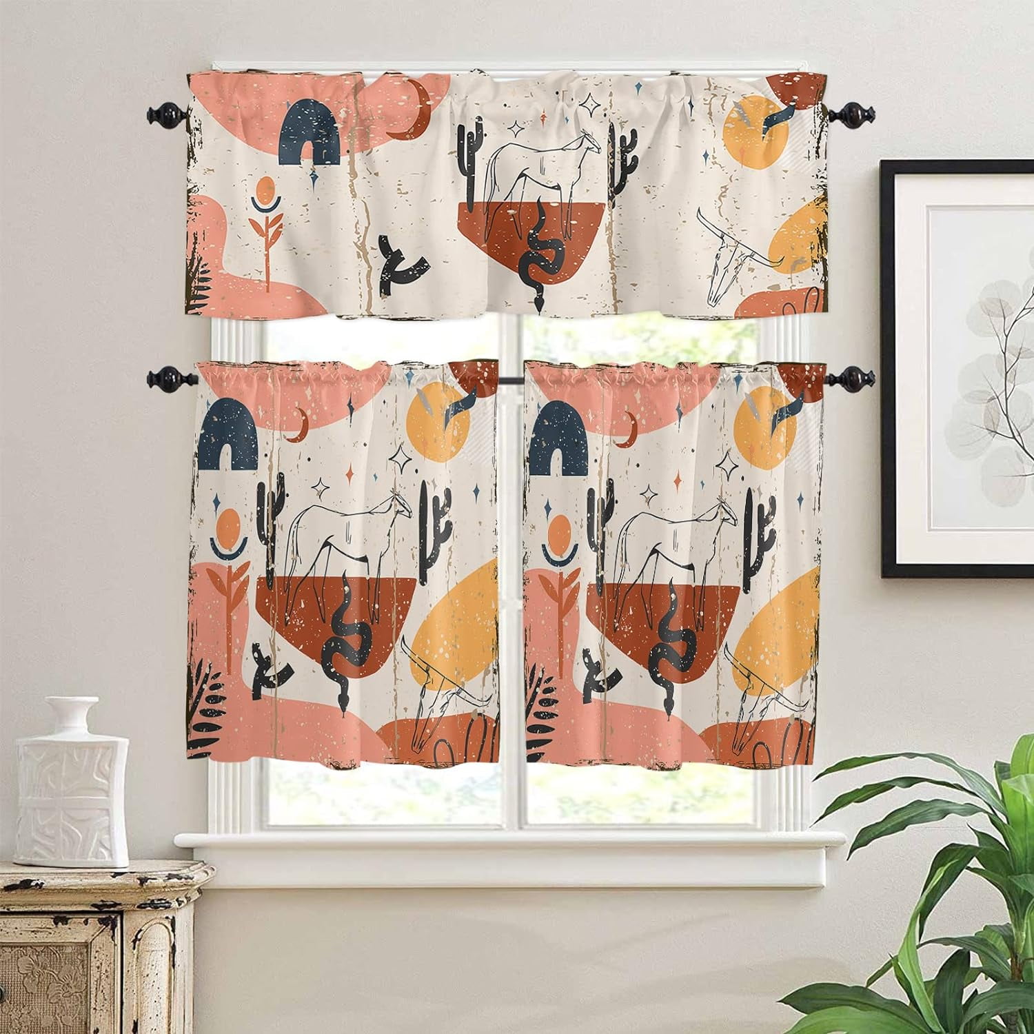 Xsinufn 3 Piece Kitchen Curtain and Valances Set, Rustic Tropical Boho ...