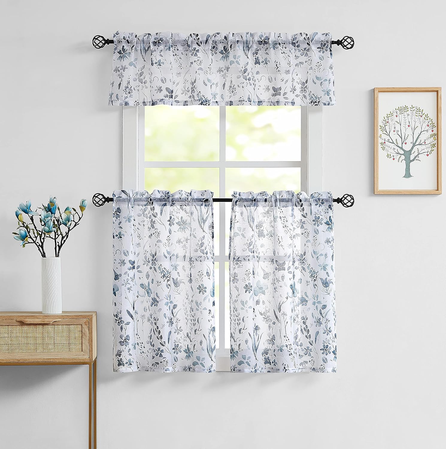 Xsinufn Blue and Grey Floral Sheer Kitchen Curtains and Valances Set ...