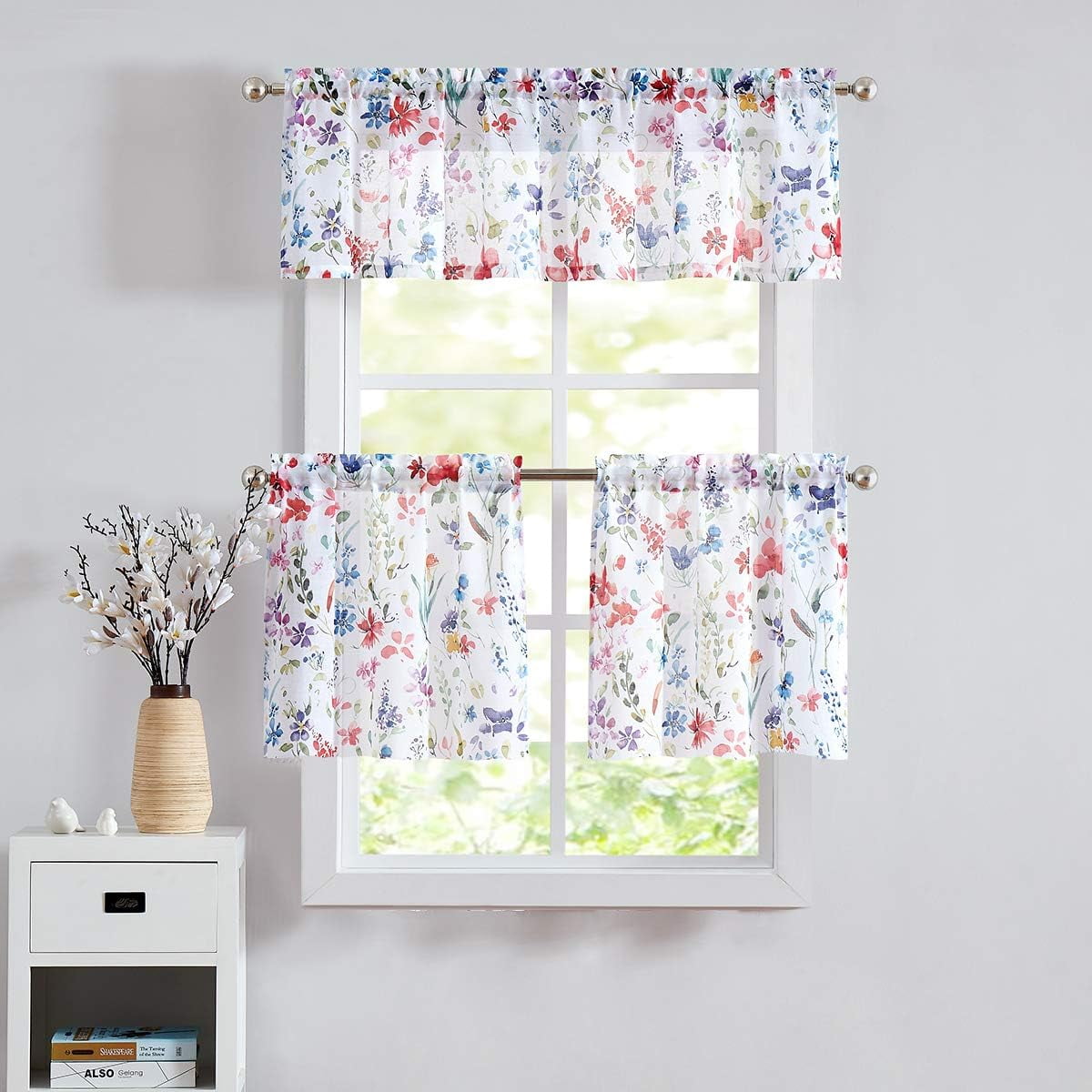Xsinufn Floral Semi Sheer Kitchen Curtains and Valances Set for Cafe 3 ...