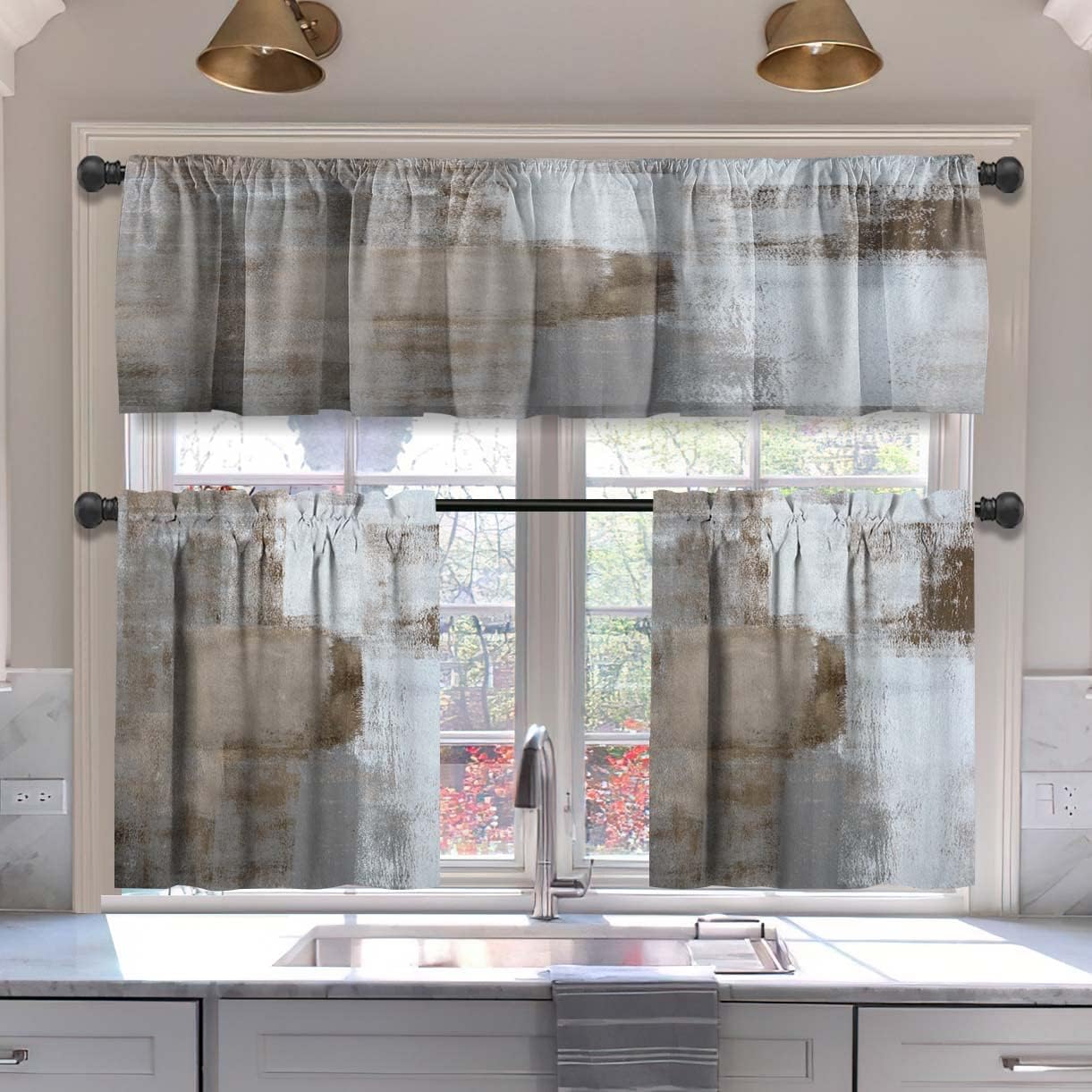 Xsinufn Grey and Brown Kitchen Curtains Tiers and Valances Set 3 Piece ...